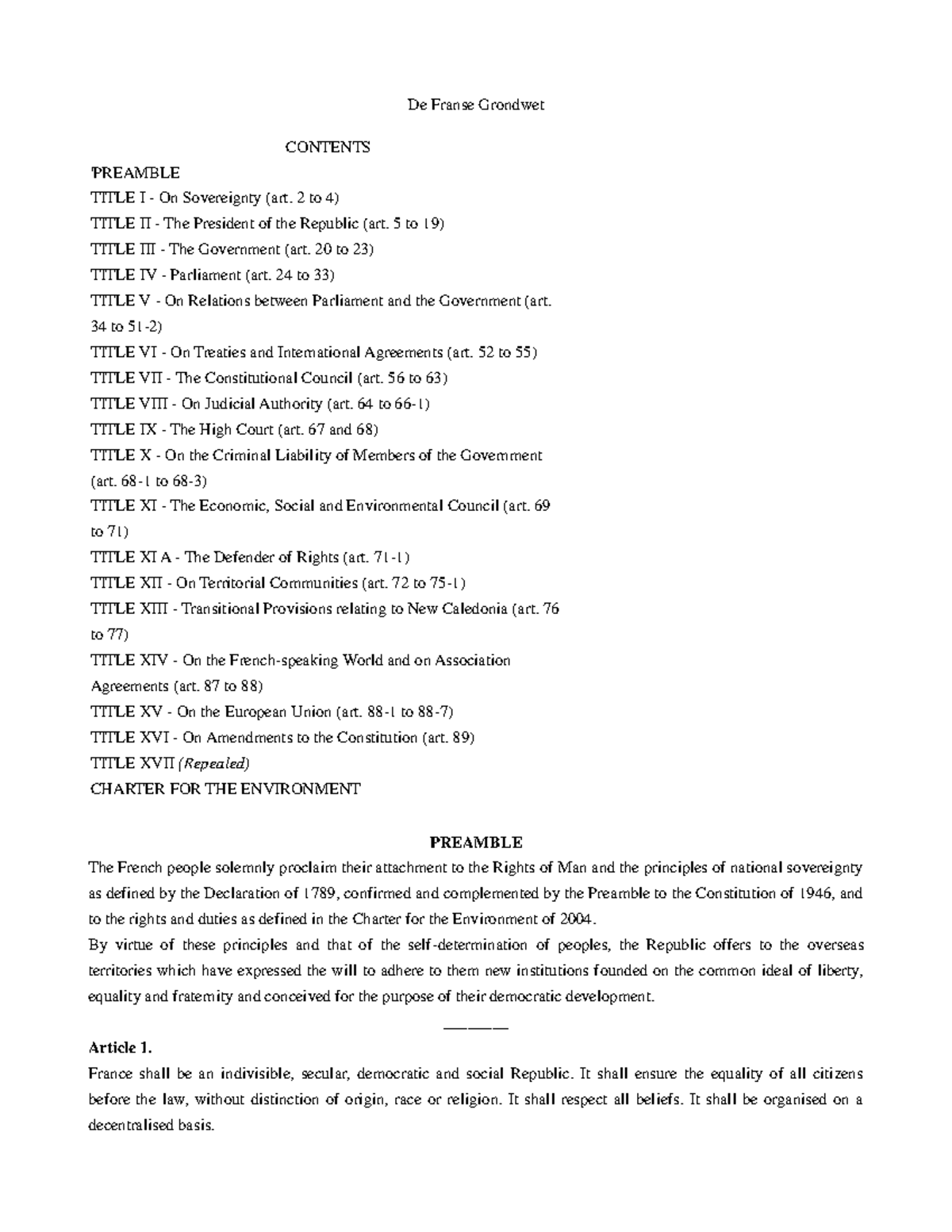 The French Constitution in English Translates - De Franse Grondwet ...