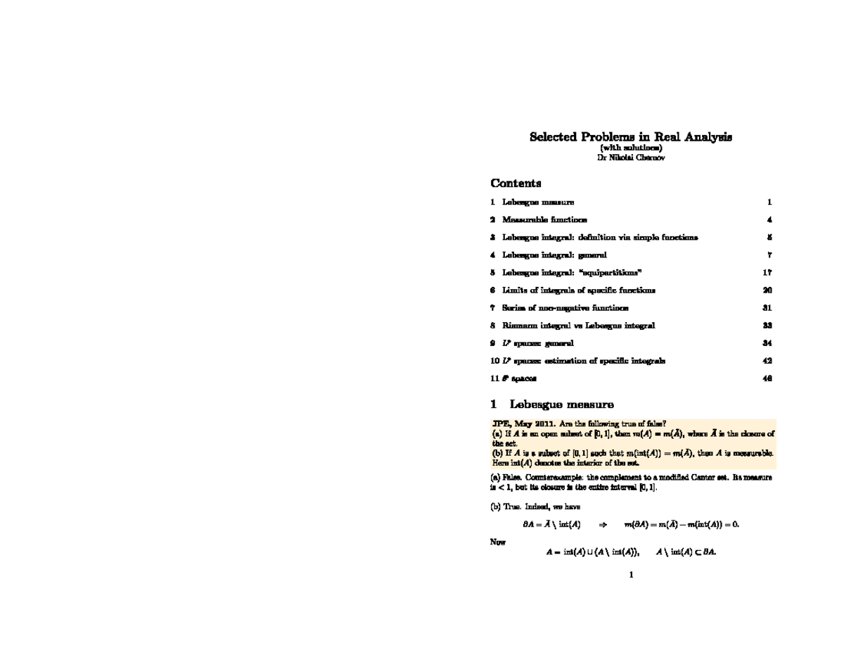 Thử - Selected Problems in Real Analysis (with solutions) Dr Nikolai Chernov Contents 1 Lebesgue ...