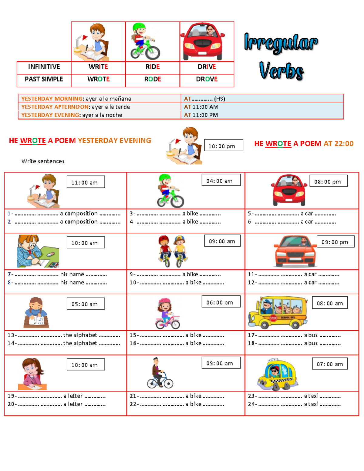 Irregular Verbs - INFINITIVE WRITE RIDE DRIVE PAST SIMPLE WROTE RODE ...