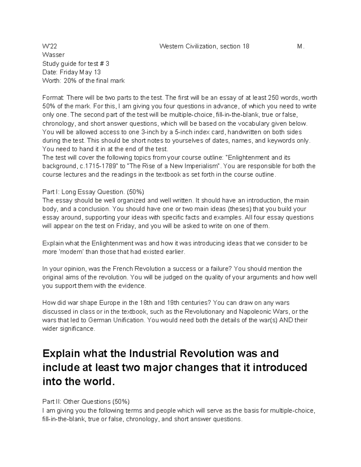 Study guide #3 - practice - W’22 Western Civilization, section 18 M ...