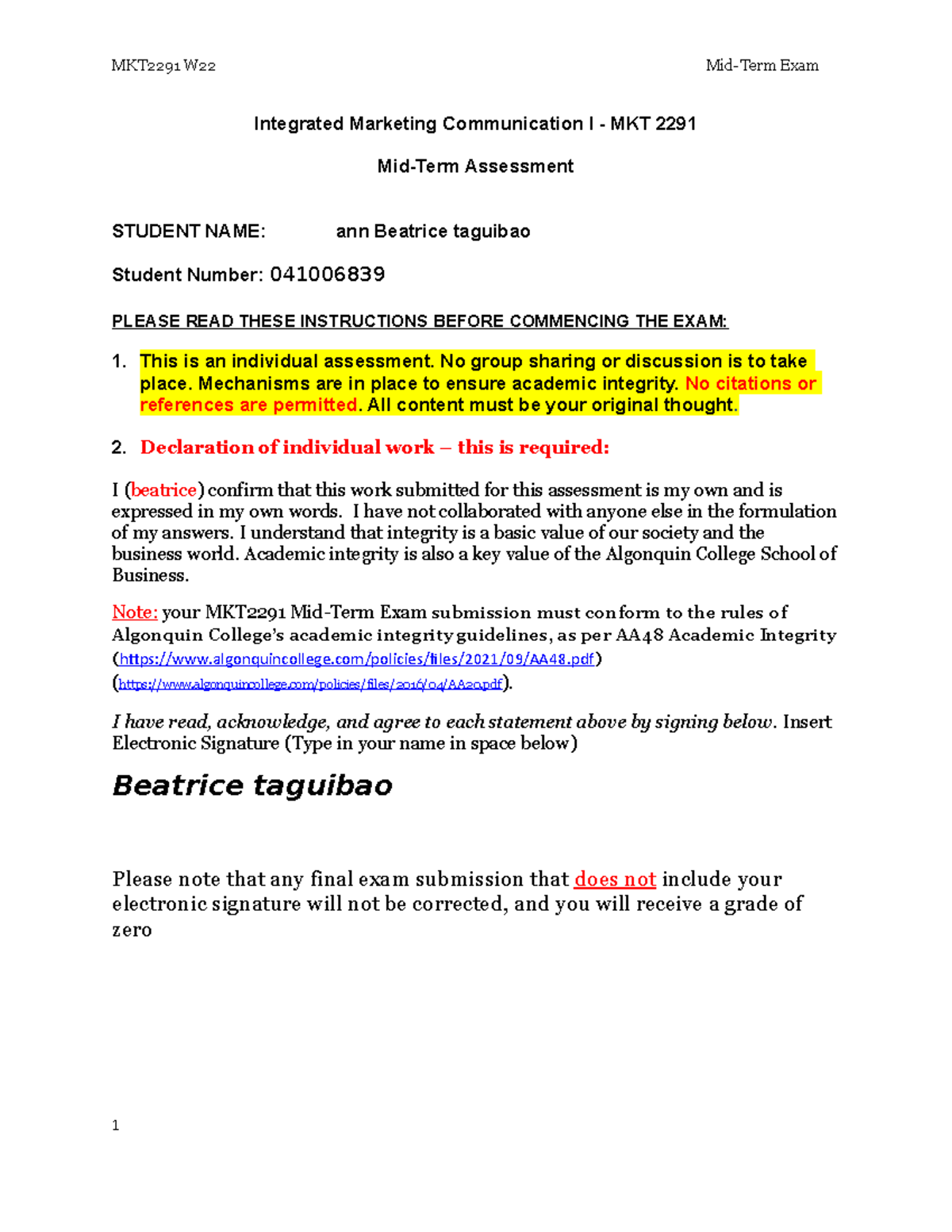 MKT 2291 Midterm Assessment W22 Final - MKT2291 W22 Mid-Term Exam Integrated Marketing ...