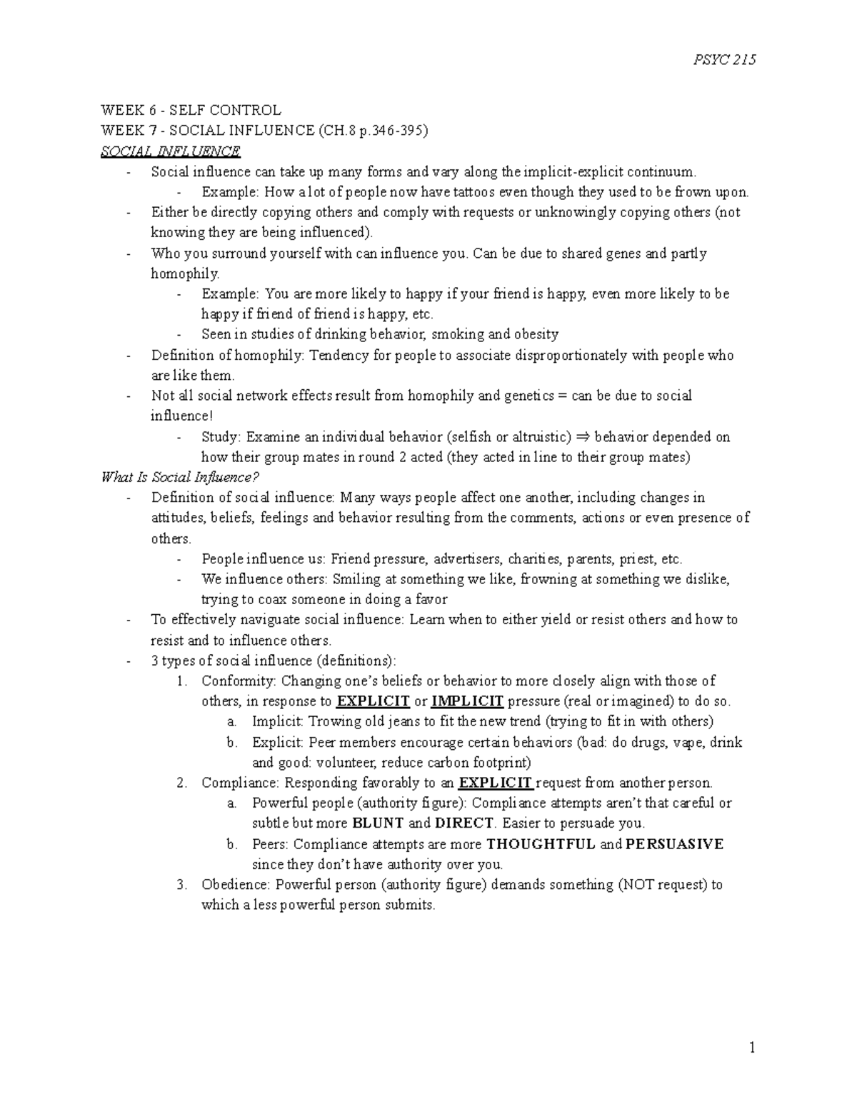 PSYC 215_Midterm2_Readings - WEEK 6 - SELF CONTROL WEEK 7 - SOCIAL ...