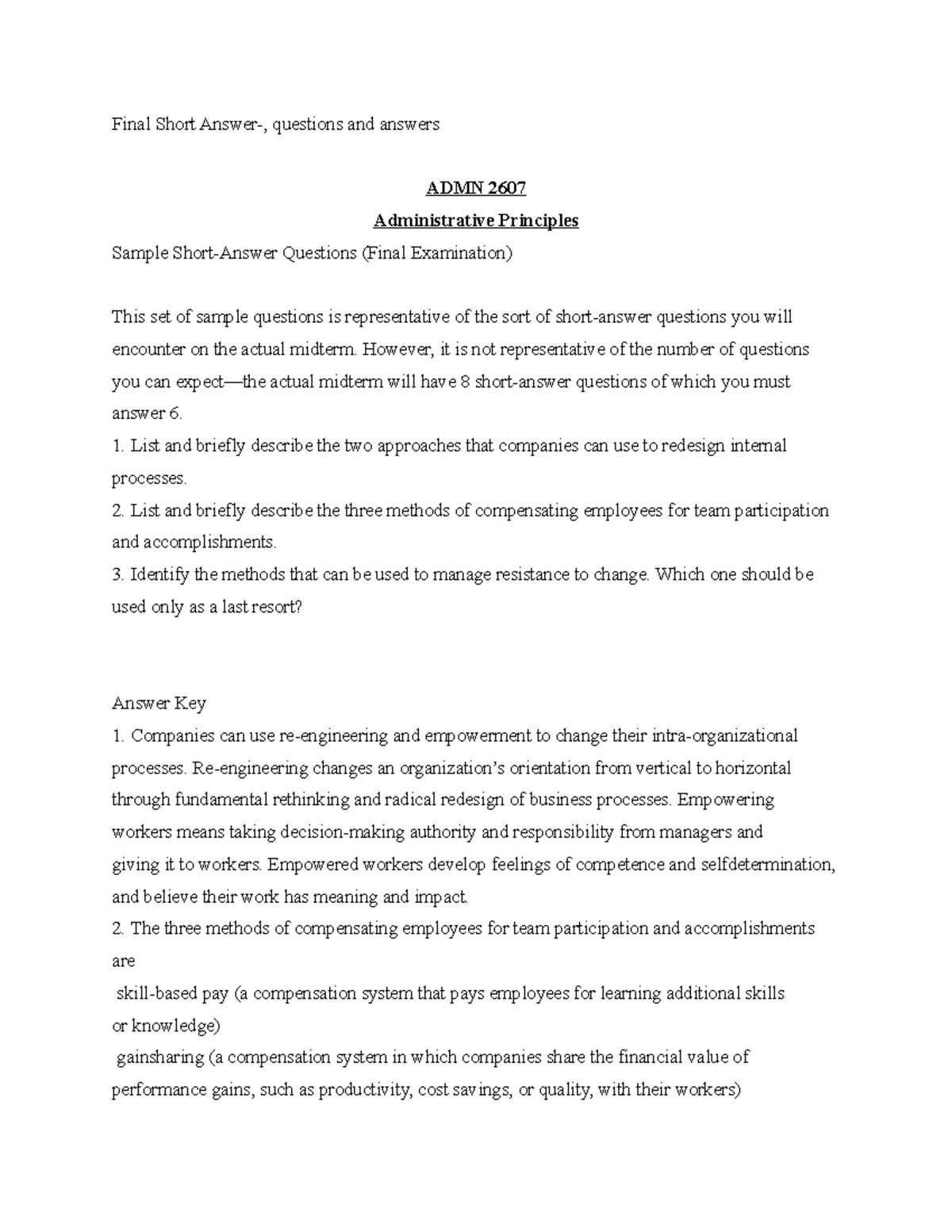 ADMN 2607 Final Short Answer-, questions & answers - Final Short Answer-, questions and answers ...