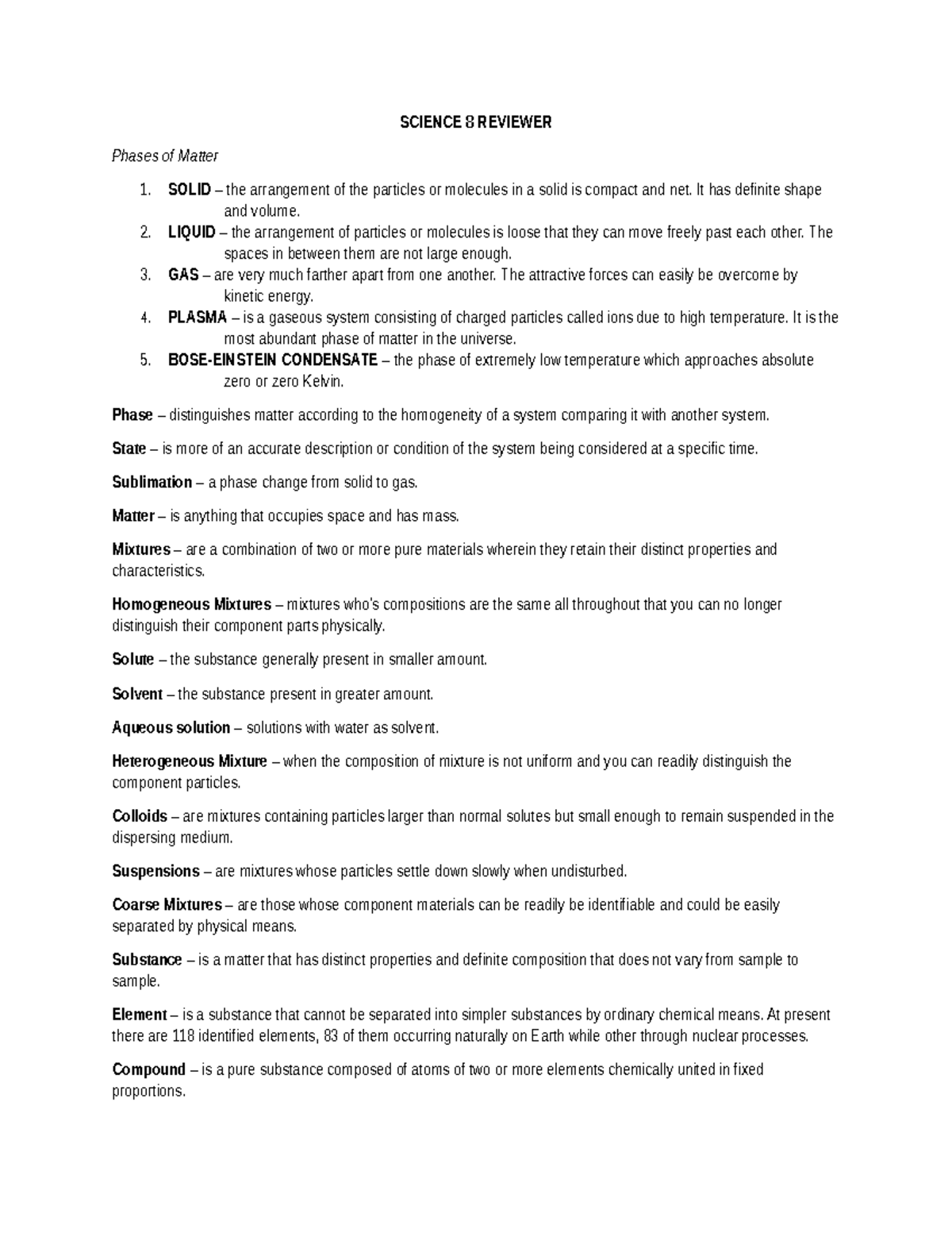Science 8 Reviewer - sggvnb n - SCIENCE 8 REVIEWER Phases of Matter 1 ...