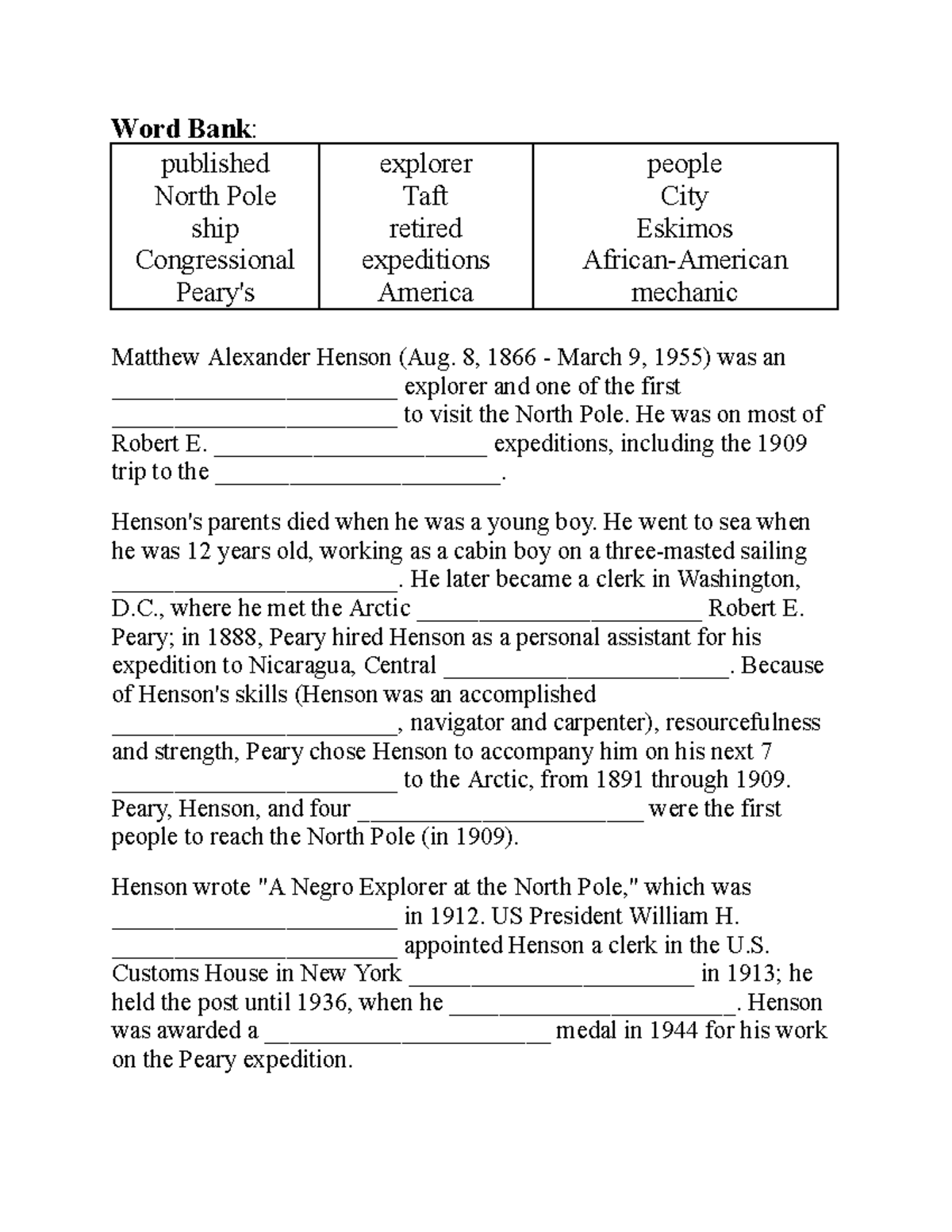 - Matthew Henson worksheet - Word Bank: published North Pole ship ...