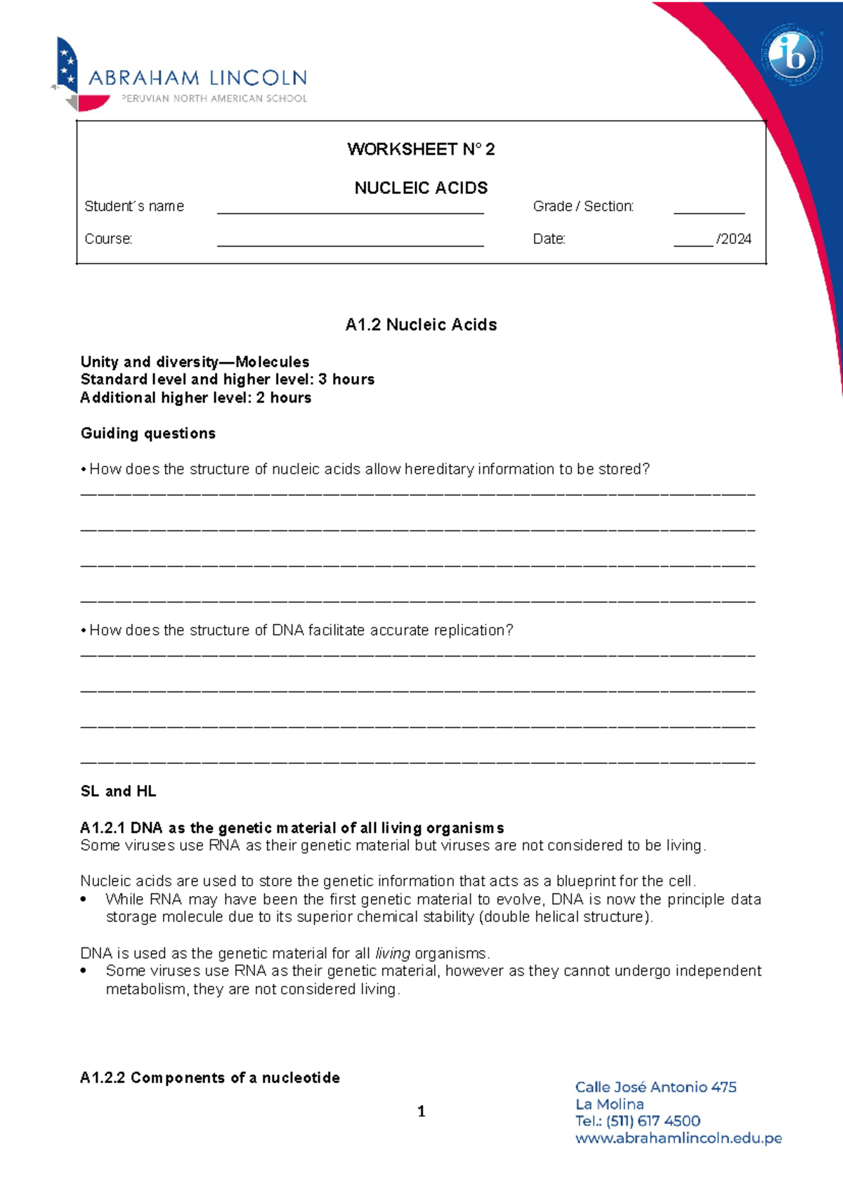 Biology Worksheet 2 Nucleic Acids - WORKSHEET N° 2 NUCLEIC ACIDS ...
