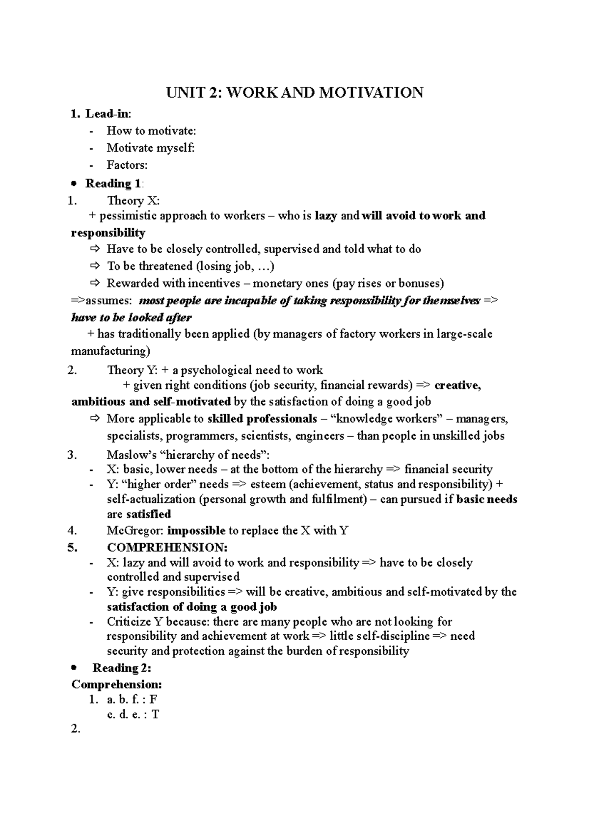 Unit 2 - Summary Tiếng Anh chuyên ngành 1 - UNIT 2: WORK AND MOTIVATION ...