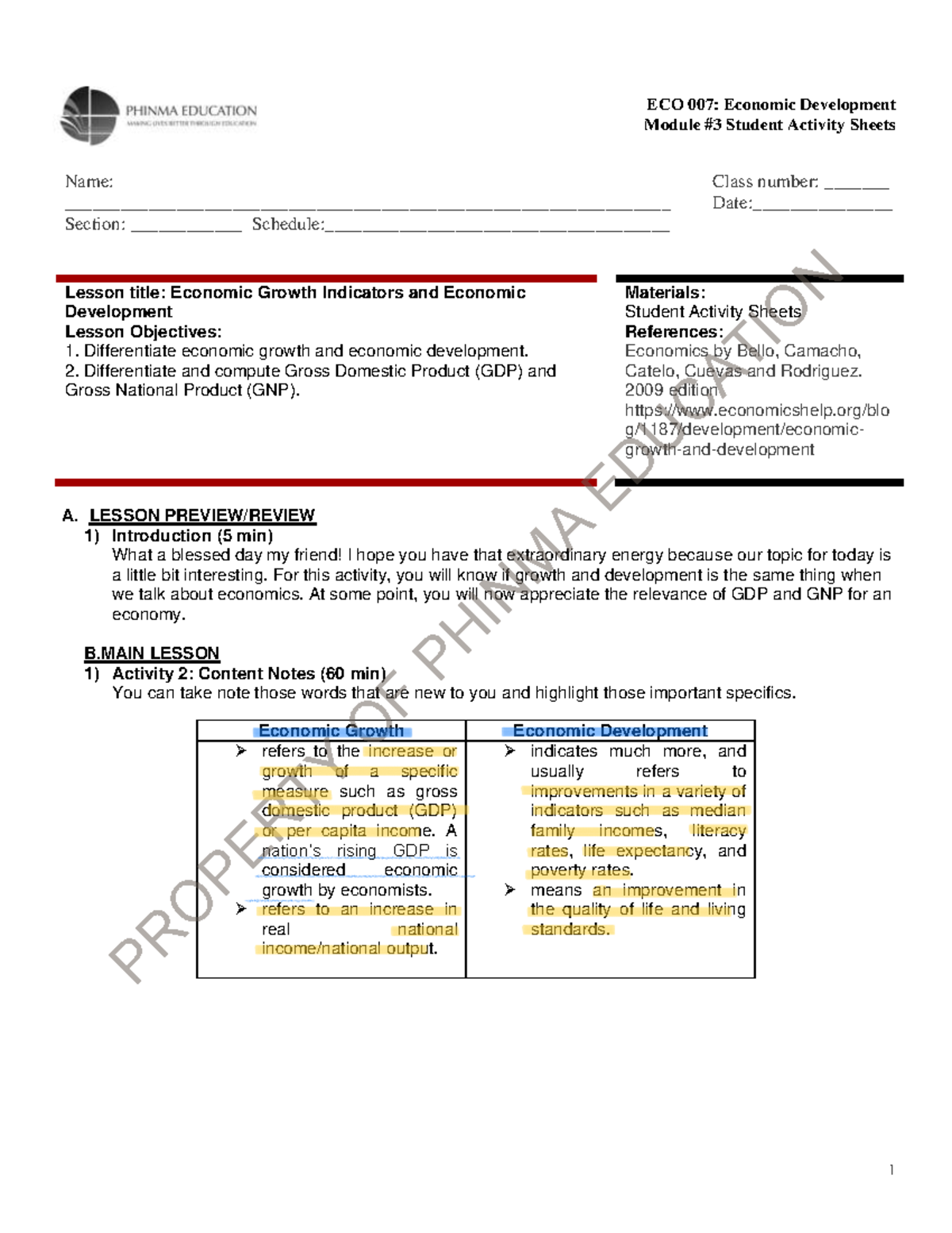 SAS3-ECO007 - Notes on Economic Development - Module #3 Student ...
