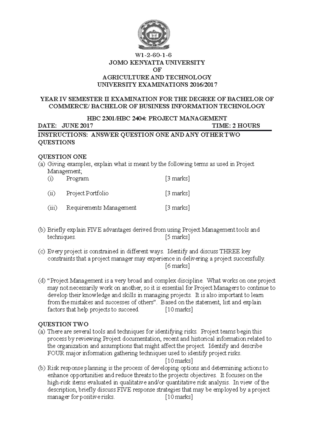 PROJECT MANAGEMENT EXAM 2 - W1-2-60-1- JOMO KENYATTA UNIVERSITY OF ...