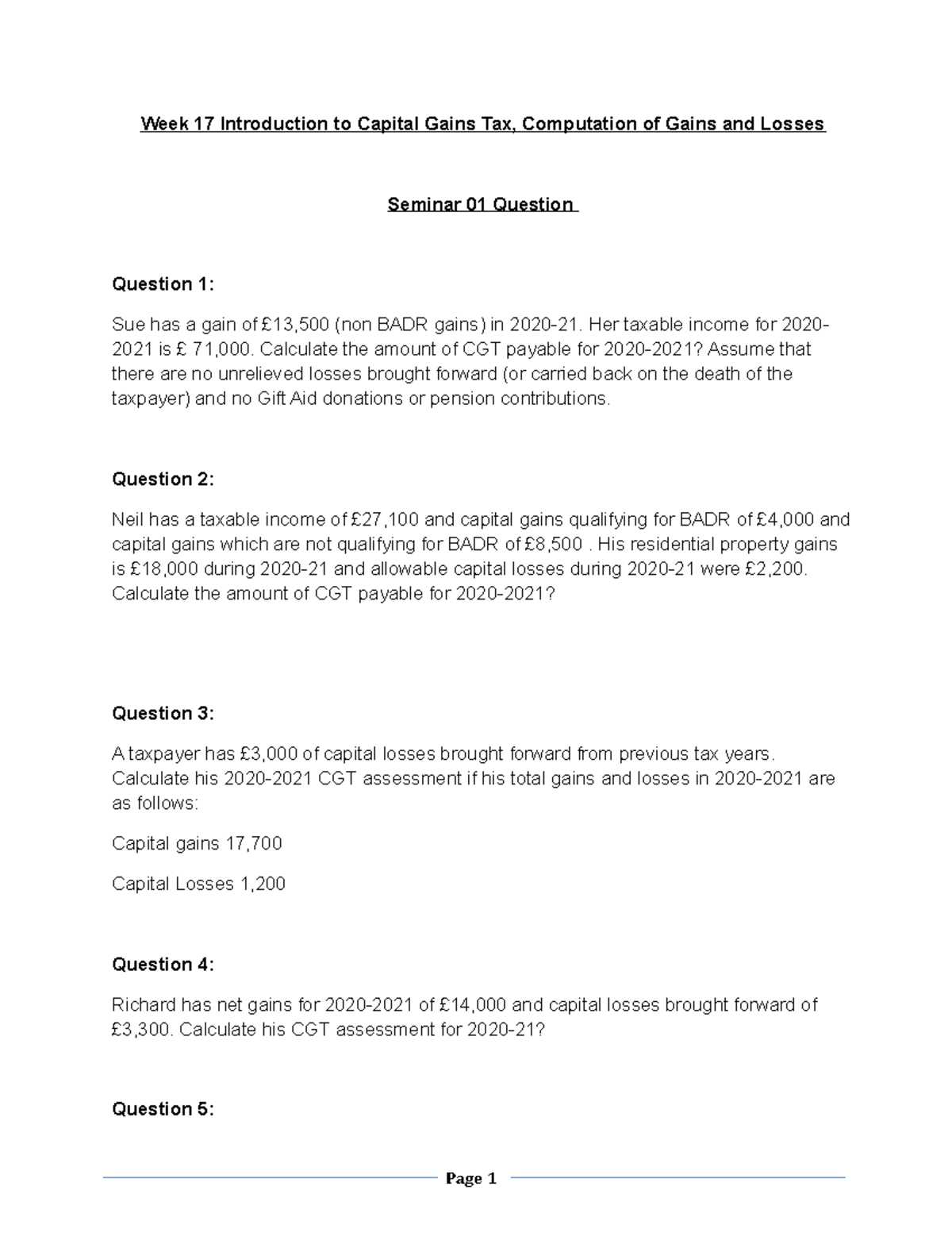Seminar Week 17-Introduction to Capital Gains Tax-Computation of Gains ...