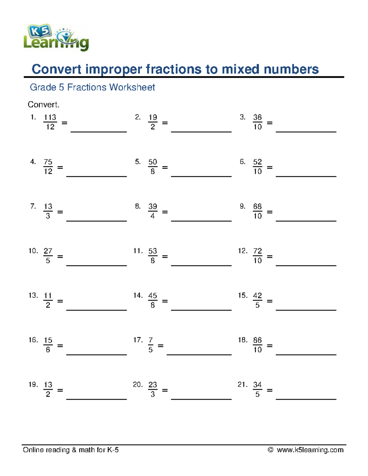 Grade 5 improper fractions to mixed numbers a - Online reading & math ...
