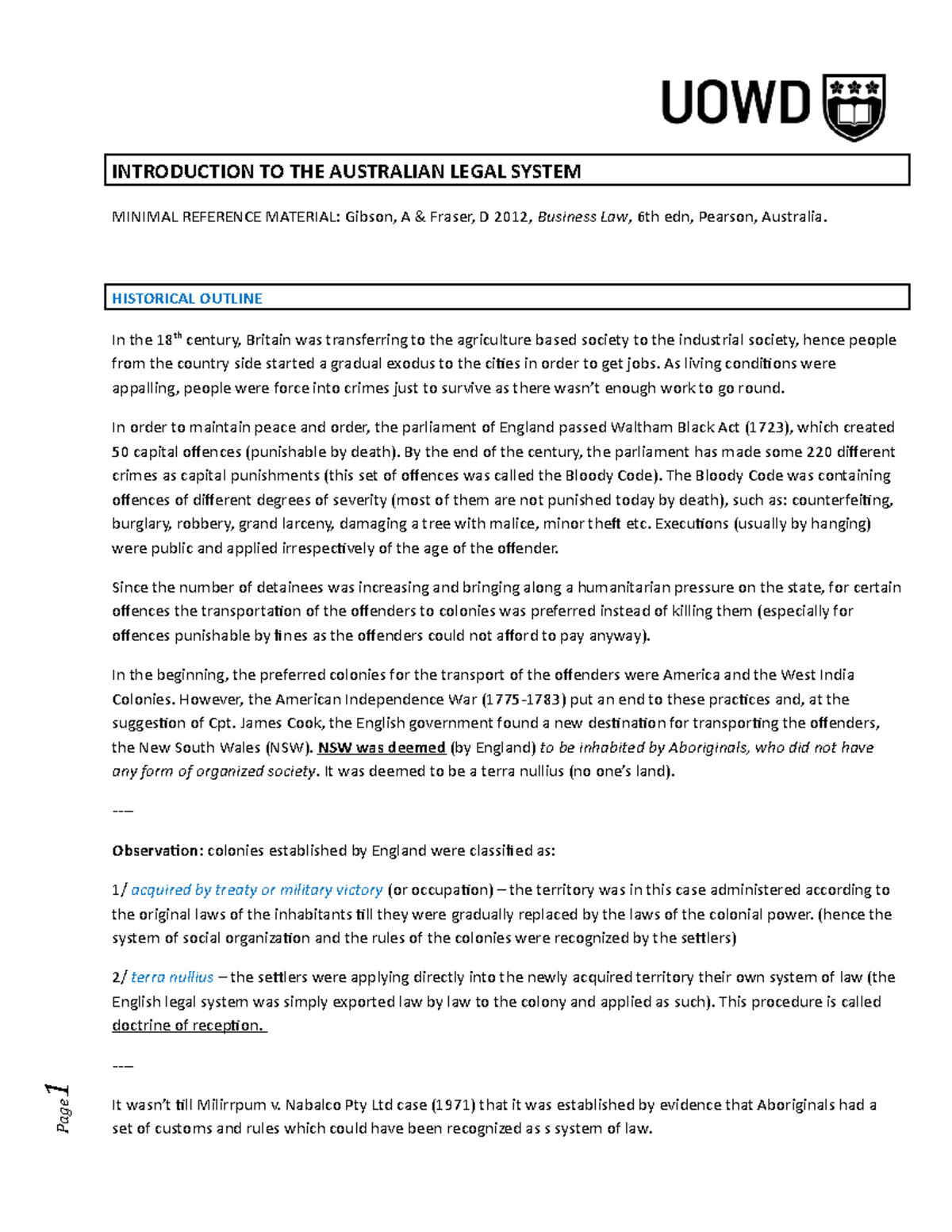 Course Notes lectures 23 - INTRODUCTION TO THE AUSTRALIAN LEGAL SYSTEM ...