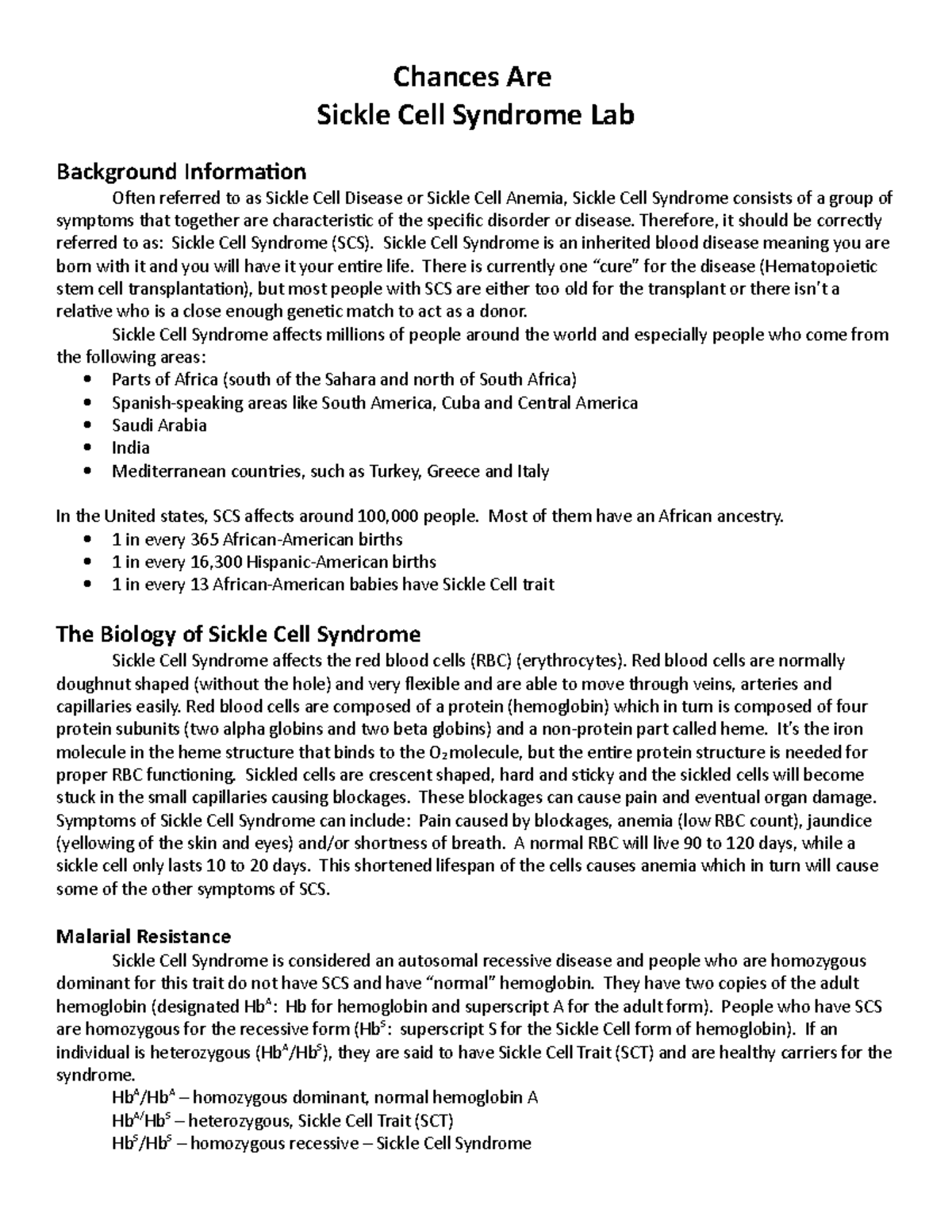 Sickle Cell Syndrome Lab - Chances Are Sickle Cell Syndrome Lab ...