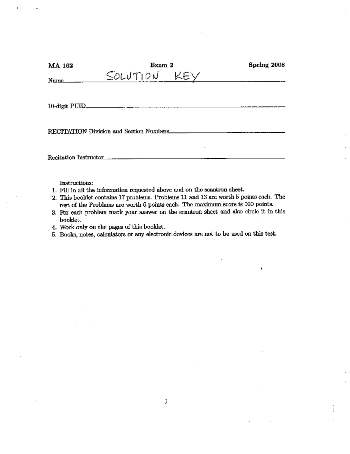 Ma162Exam2Sp2008-1 - Ma162Exam2Sp2008-1 - MA 16200 - Studocu