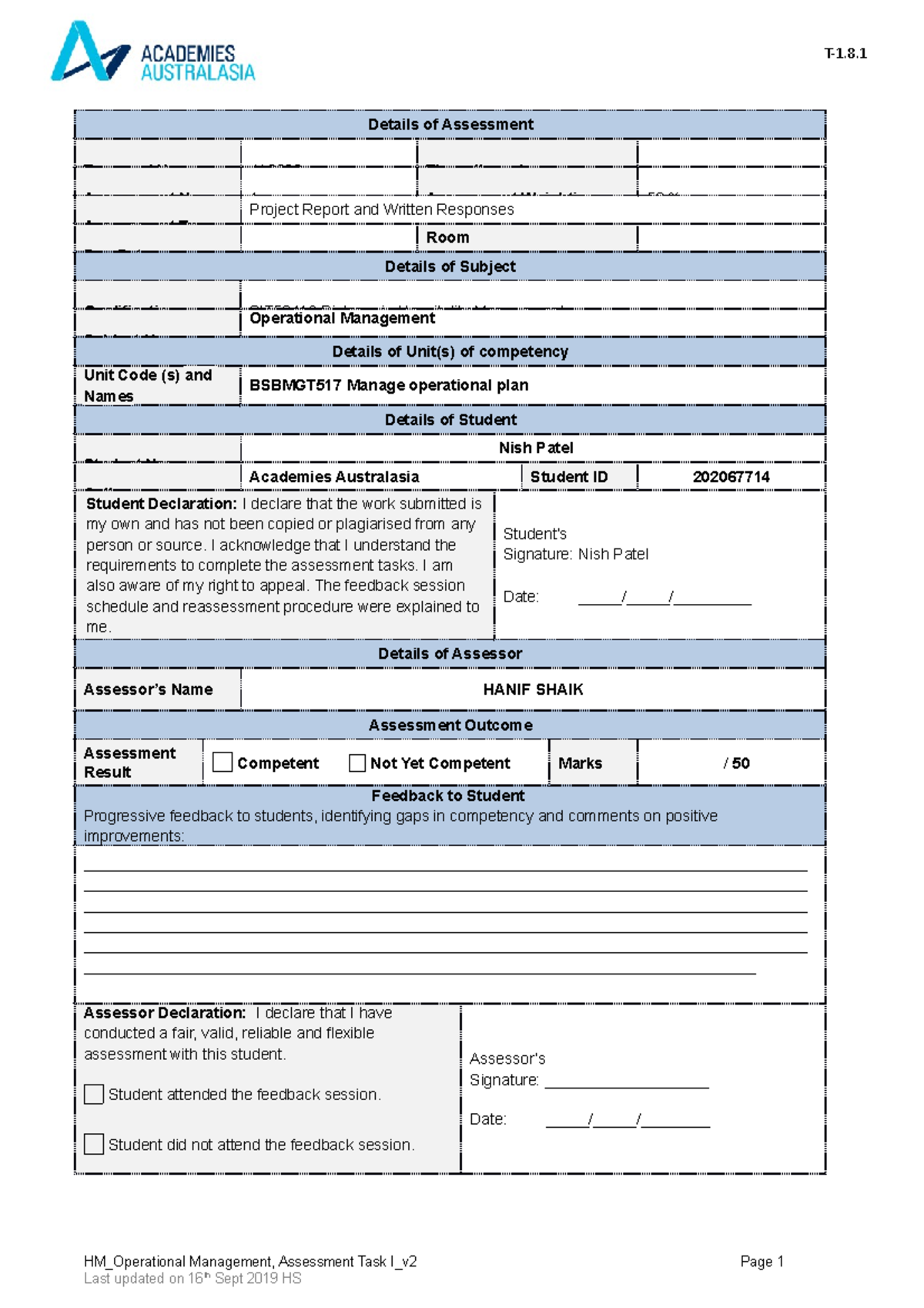 HM Assessment I Operational Management v3 T4 2022 (5) - Details of ...