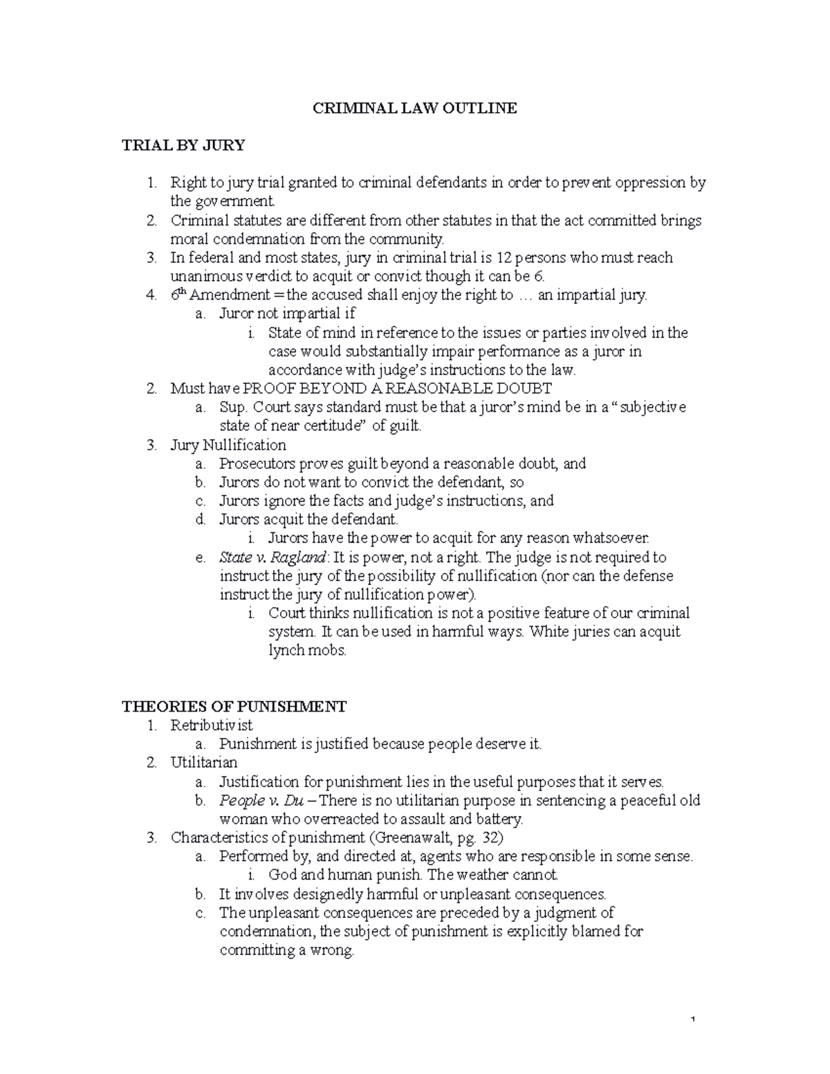 Sloss Fall 2009 , Criminal LAW Outline - CRIMINAL LAW OUTLINE TRIAL BY ...