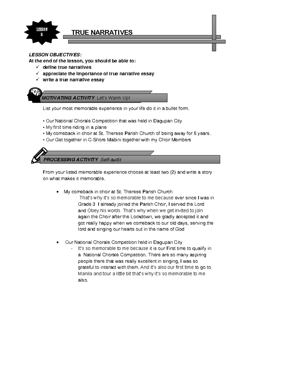 Lesson 8 TRUE Narratives - MOTIVATING ACTIVITY : Let’s Warm Up ...