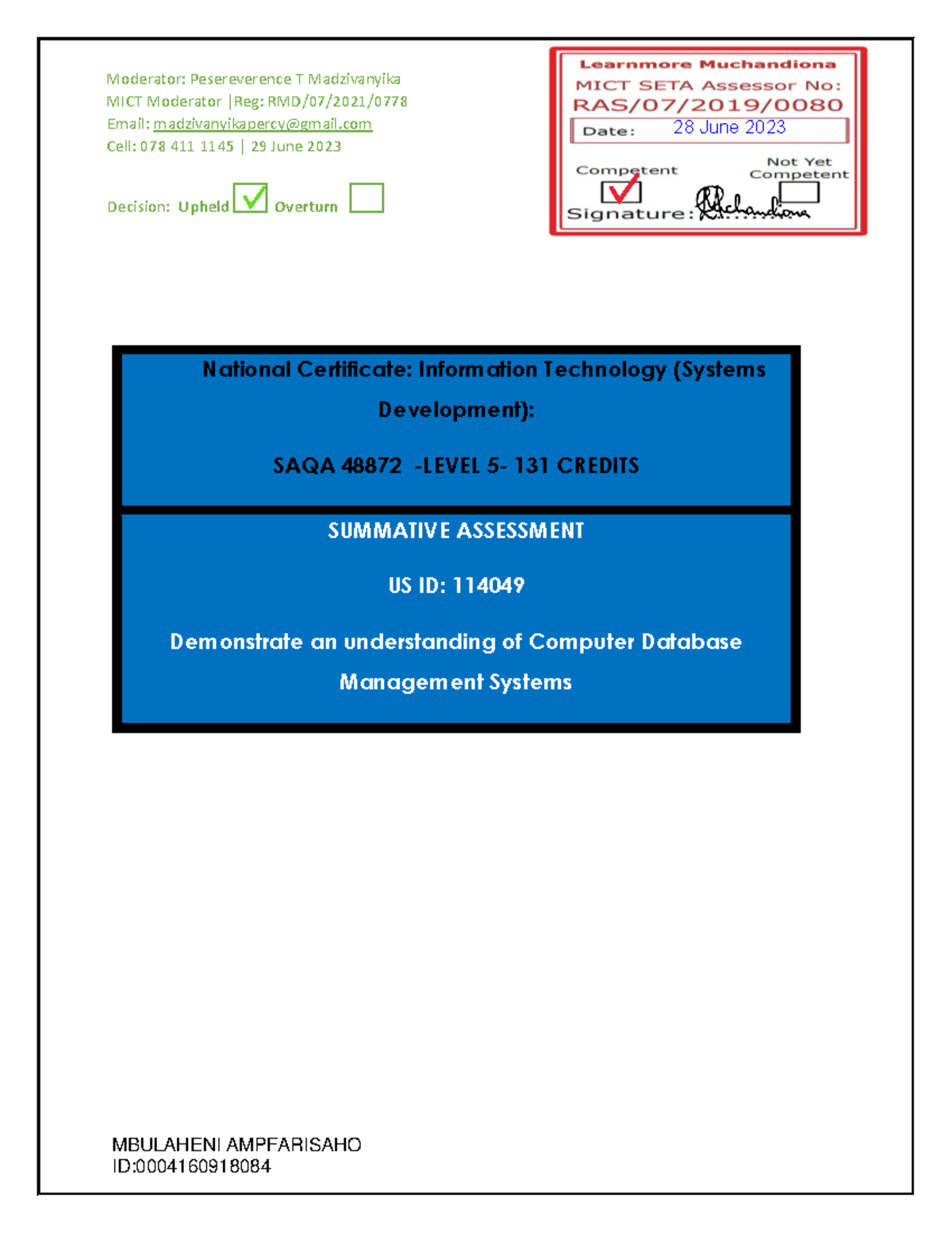 Database Management System - MBULAHENI AMPFARISAHO National Certificate ...