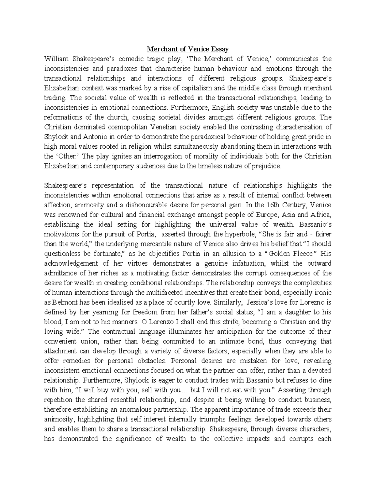 All English Essays - Merchant of Venice Essay William Shakespeare’s ...