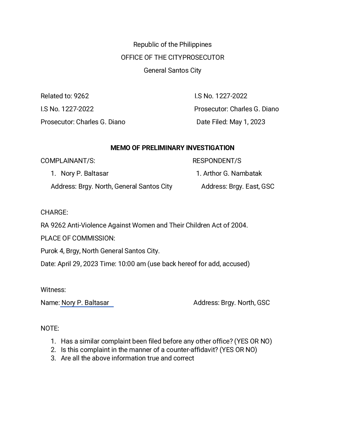 Republic of the Philippine 1 Preliminary Invesitagtion - Republic of ...