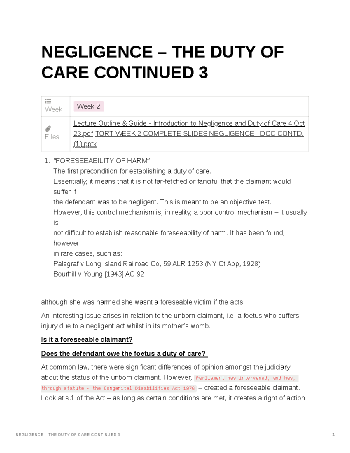 Negligence – THE DUTY OF CARE Continued 3 66398 ...