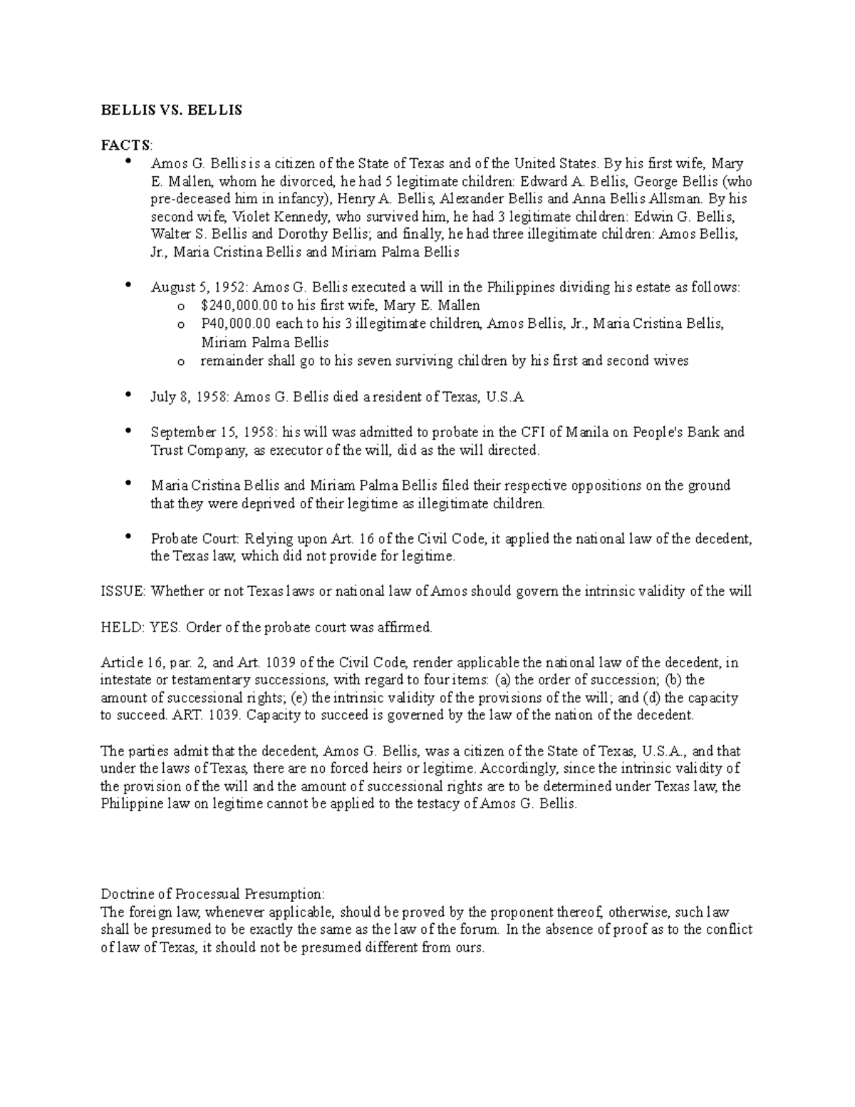 Bellis VS Bellis - asd - BELLIS VS. BELLIS FACTS : Amos G. Bellis is a ...