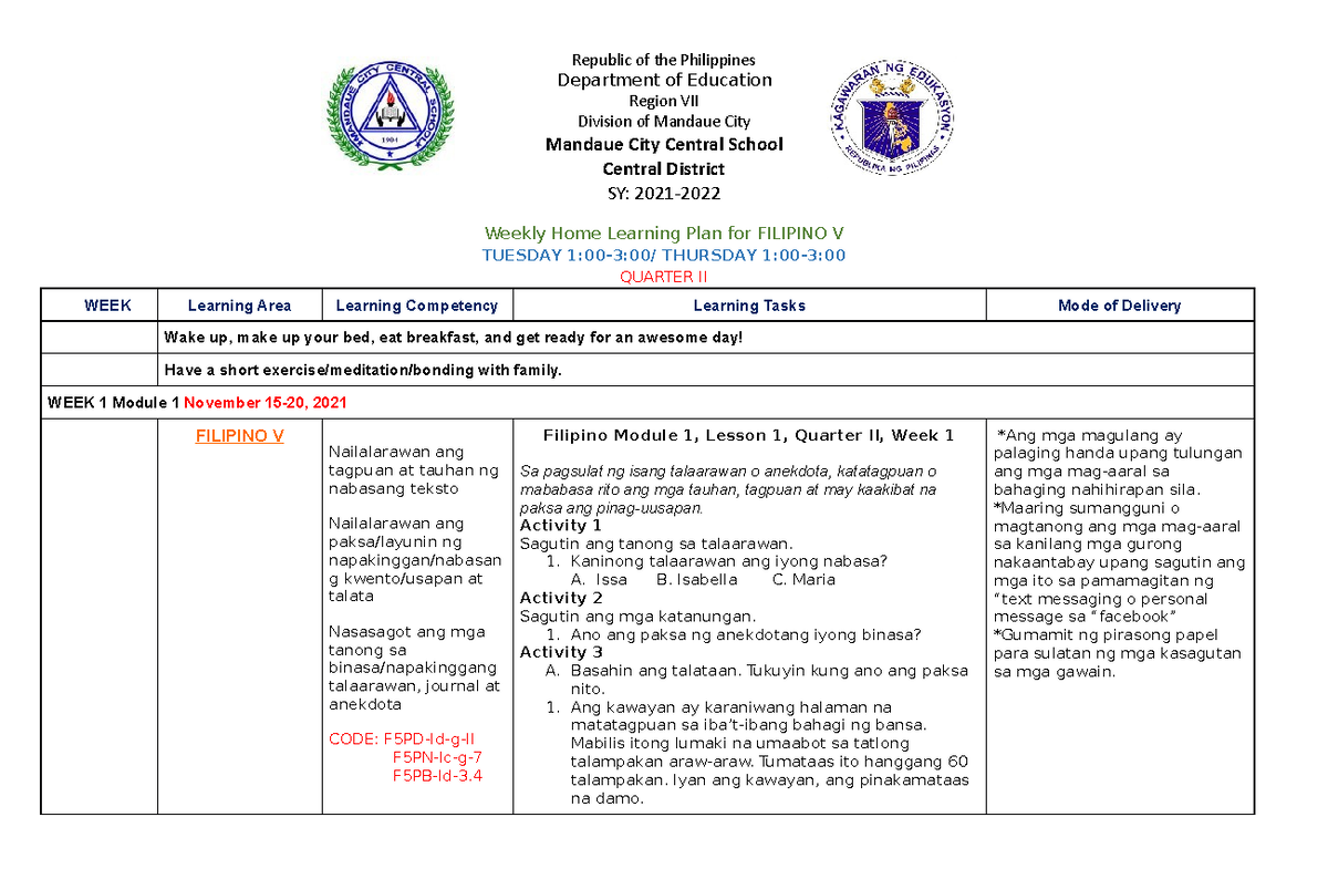 Week 1 - Sample WHLP - Weekly Home Learning Plan for FILIPINO V TUESDAY ...