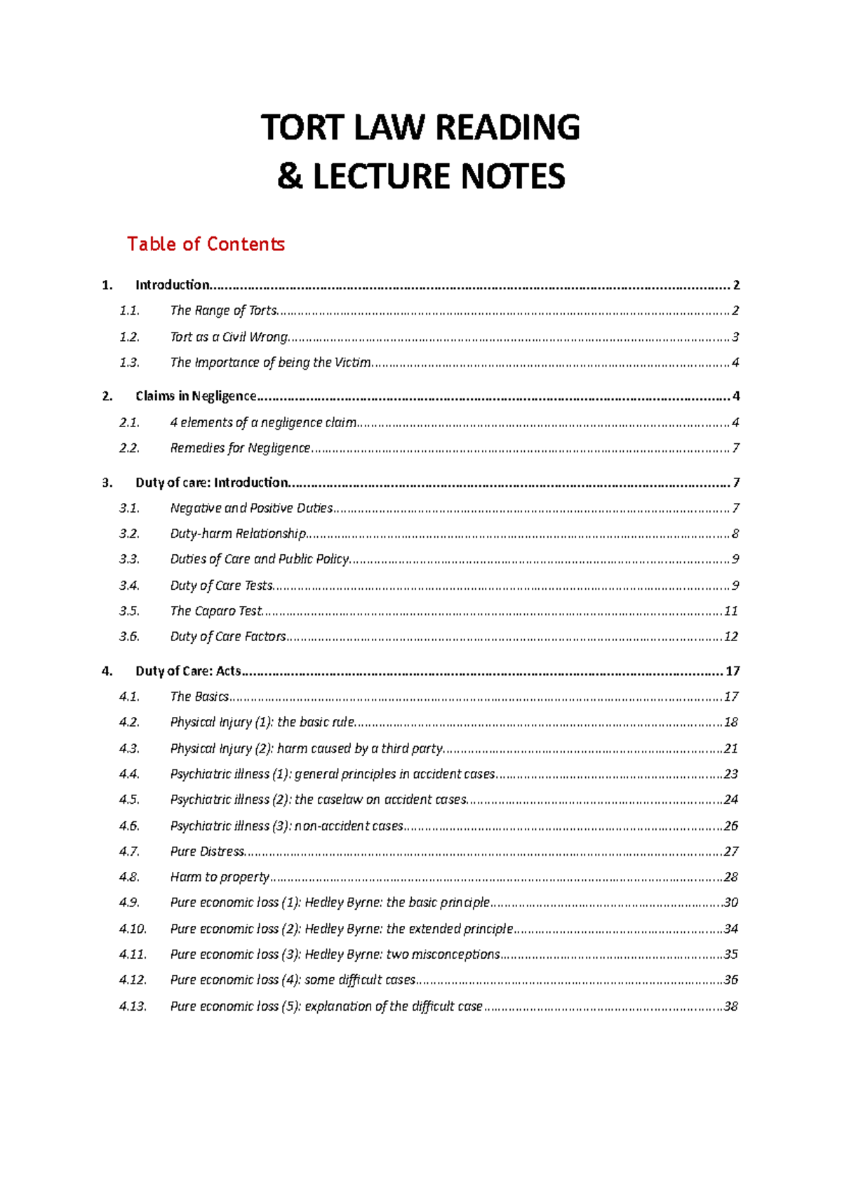 Tort Law Notes - Summary Tort Law - Tort Law - TORT LAW READING ...