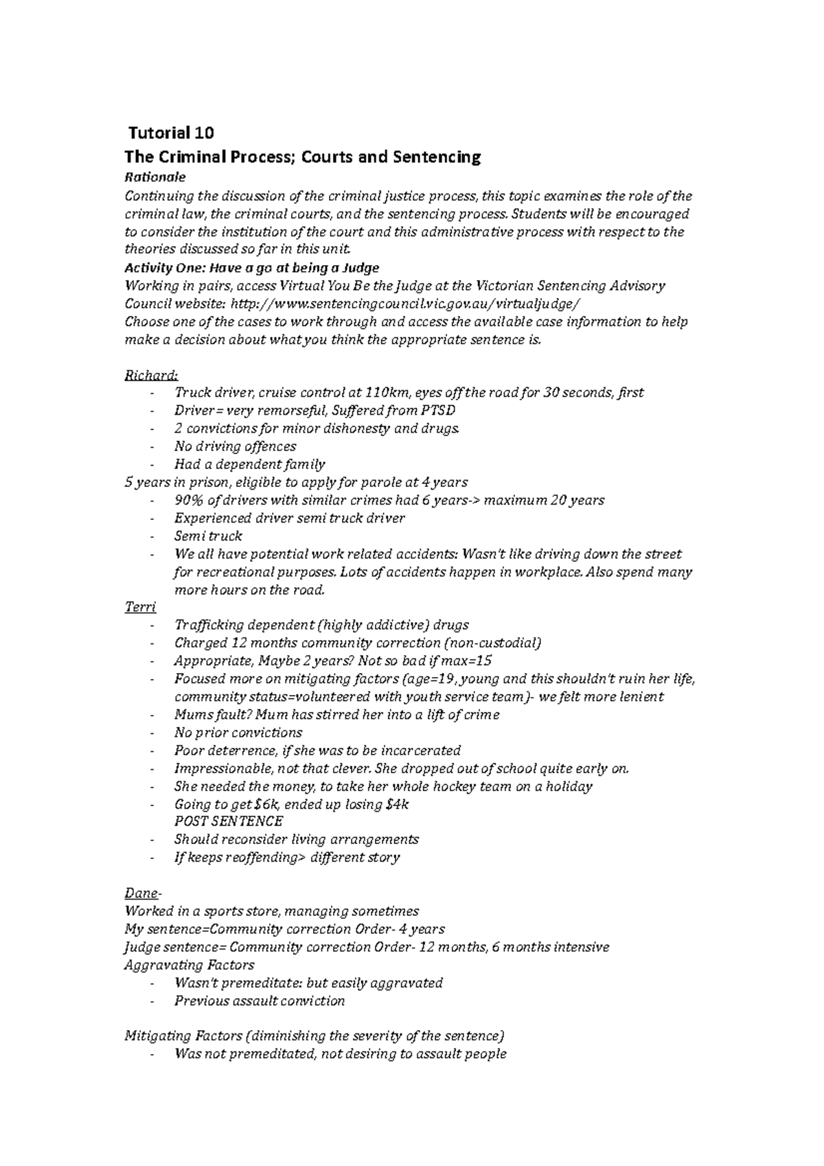 Tutorial 10 - Tutorial 10 The Criminal Process; Courts and Sentencing ...