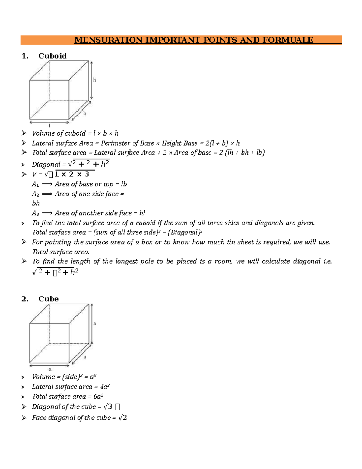 Mensuration-formulas-pdf - MENSURATION IMPORTANT POINTS AND FORMUALE ...