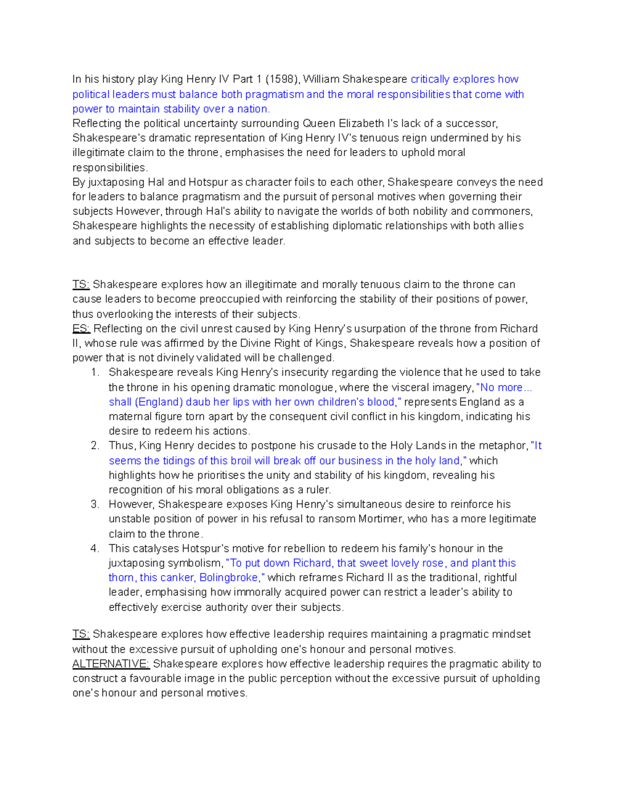 Module B - King Henry Essay - In his history play King Henry IV Part 1 (1598), William ...