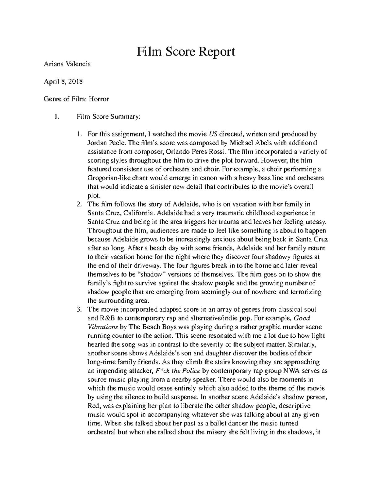 Film Score Report - Grade: A - Film Score Report Ariana Valencia April ...