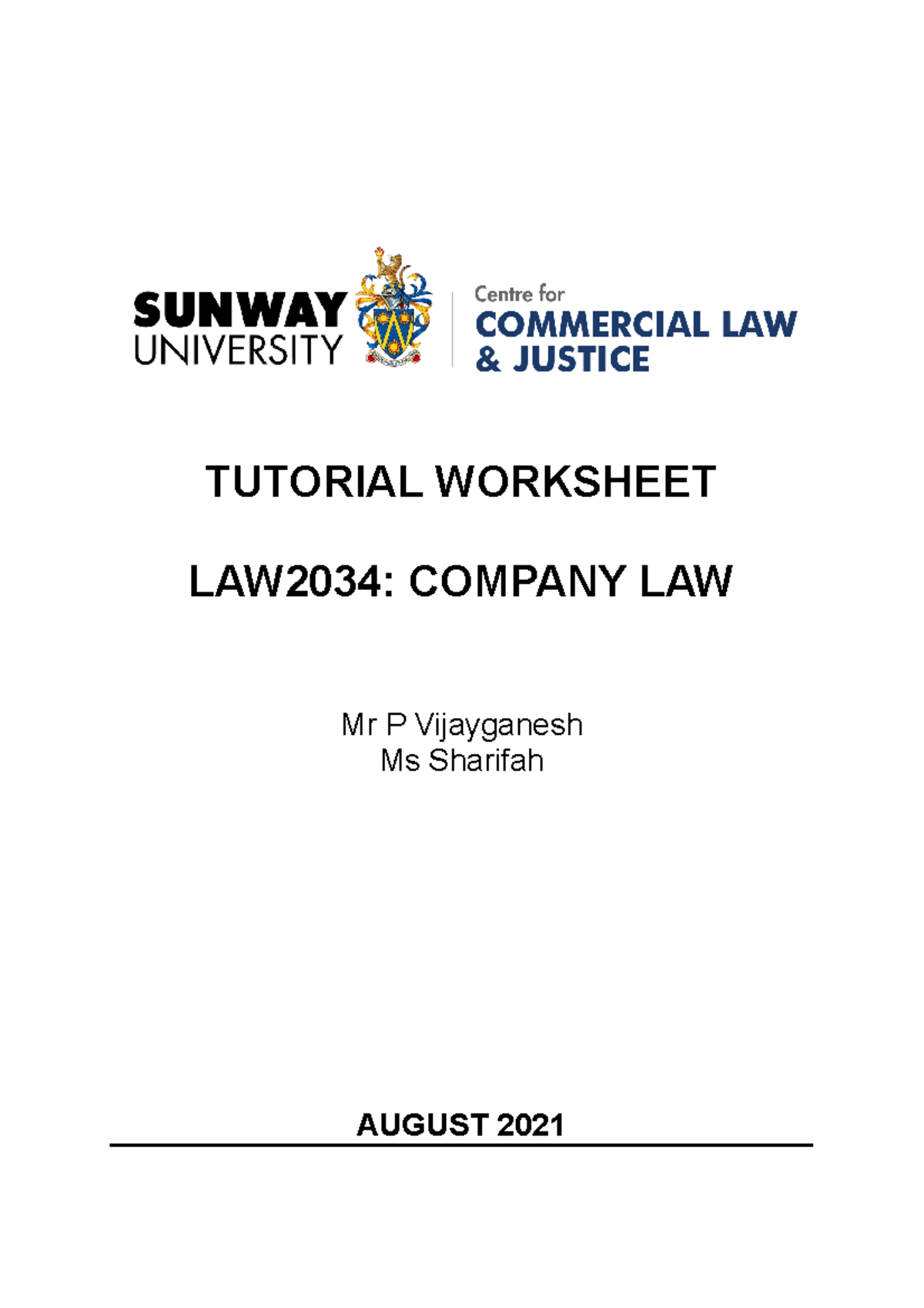 LAW 2034 Company LAW Tutorial Worksheet AUG 2021 - TUTORIAL WORKSHEET ...