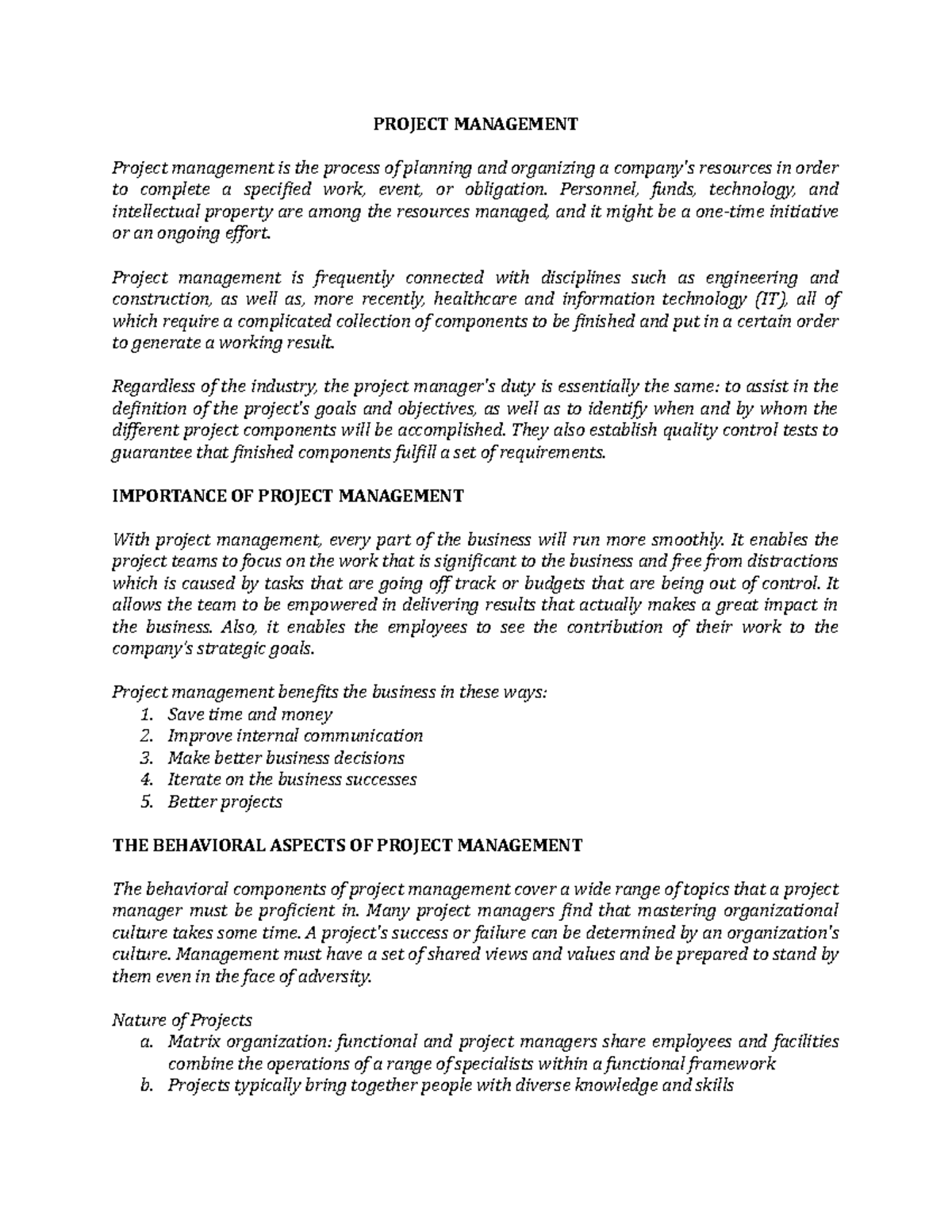 Project- Management - PROJECT MANAGEMENT Project management is the ...