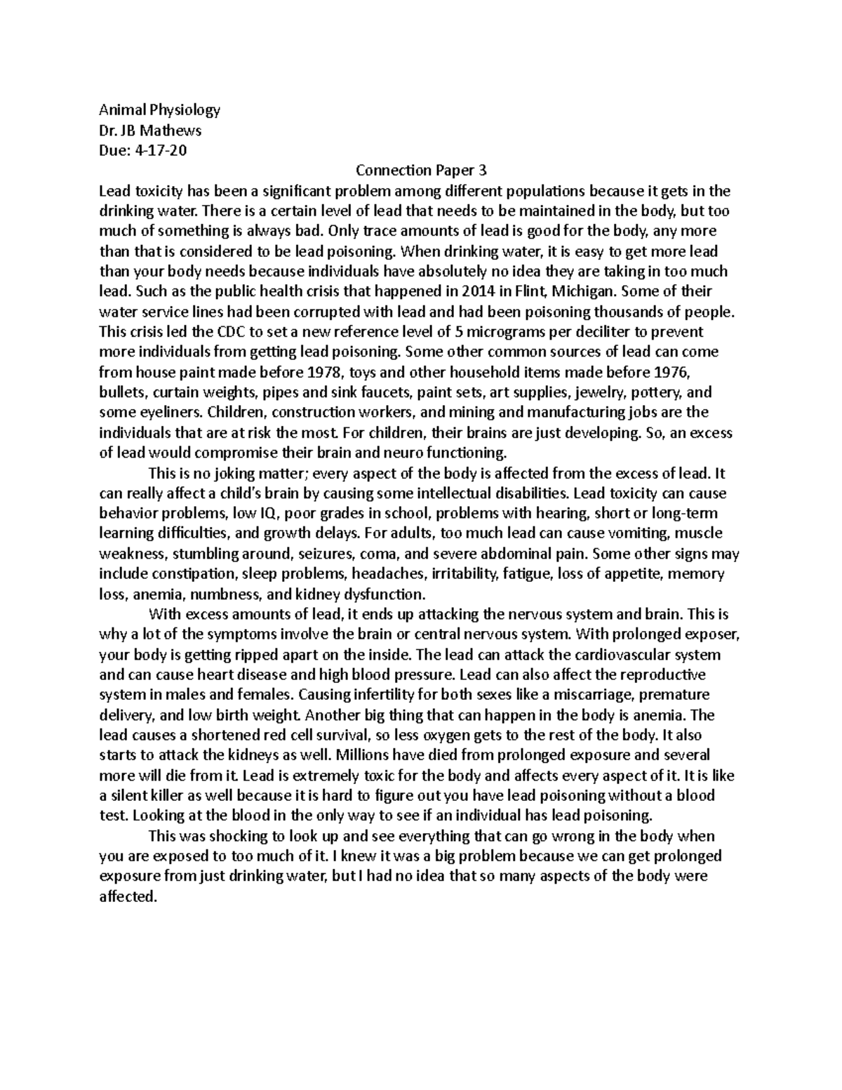 Connection Paper 3 - Grade: A - Animal Physiology Dr. JB Mathews Due: 4 ...