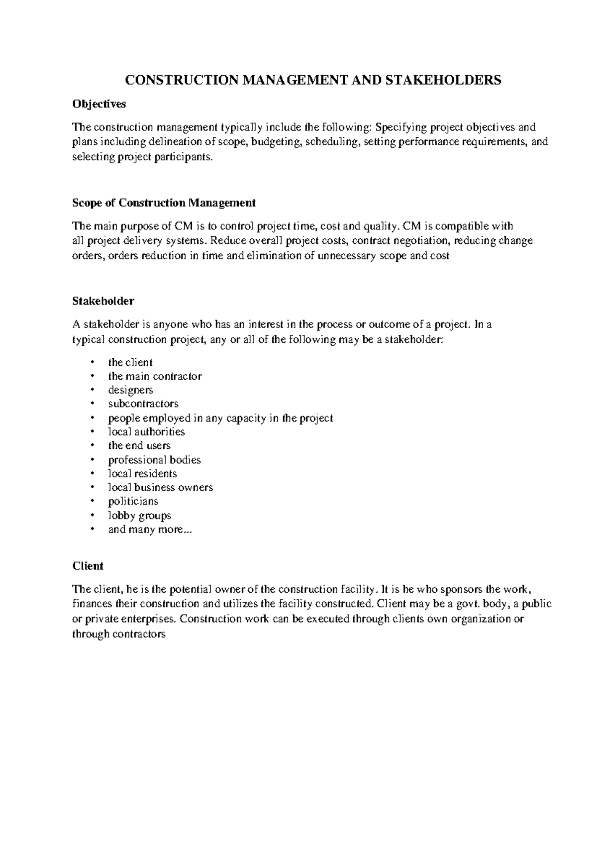 Construction Management AND Stakeholders - CONSTRUCTION MANAGEMENT AND ...