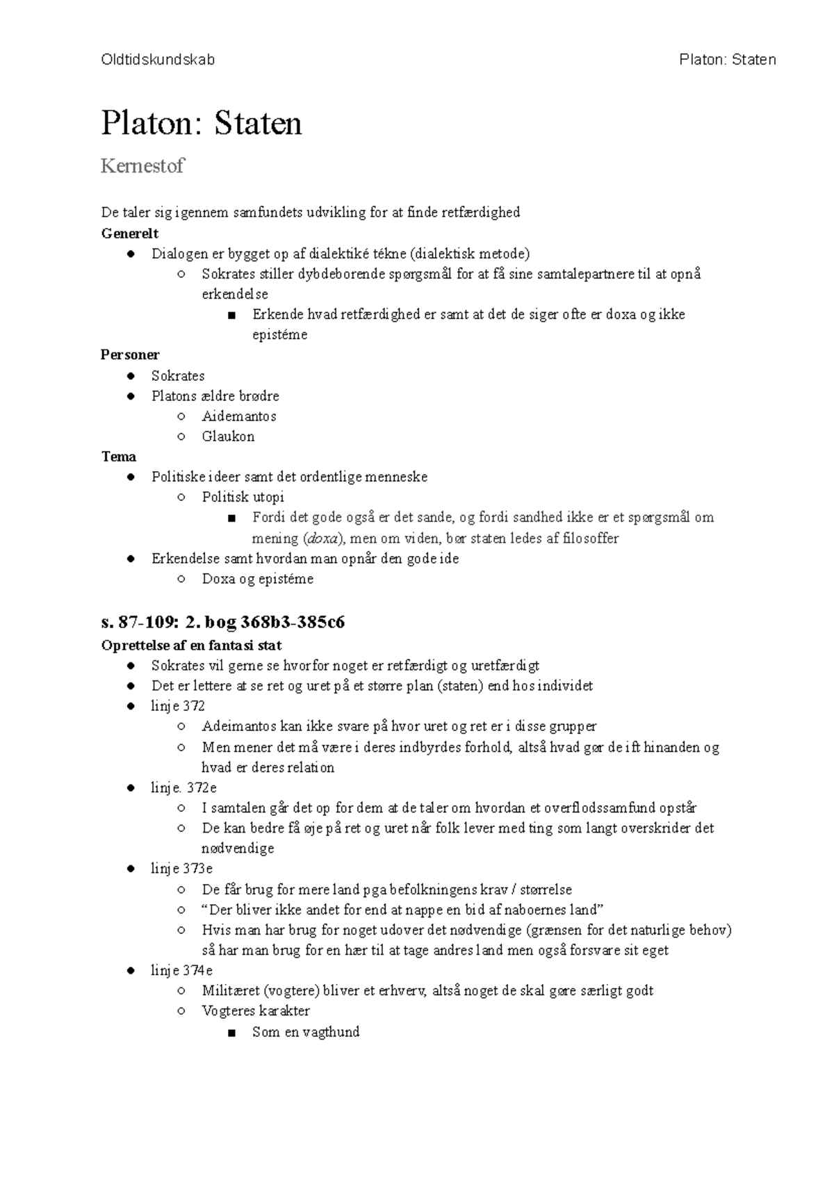 Platon Staten analyse og noter - Platon: Staten Kernestof De taler sig ...