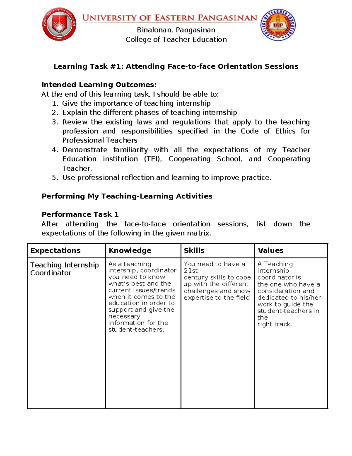 Togupen Jeremy R. - Learning Task #1 Attending Face-to-face Orientation Sessions - College of ...
