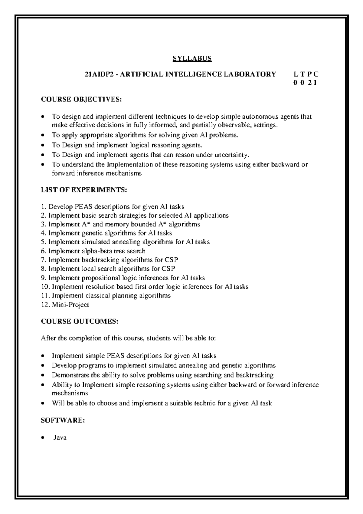 AI Lab Manual - SYLLABUS 21AIDP2 - ARTIFICIAL INTELLIGENCE LABORATORY L ...
