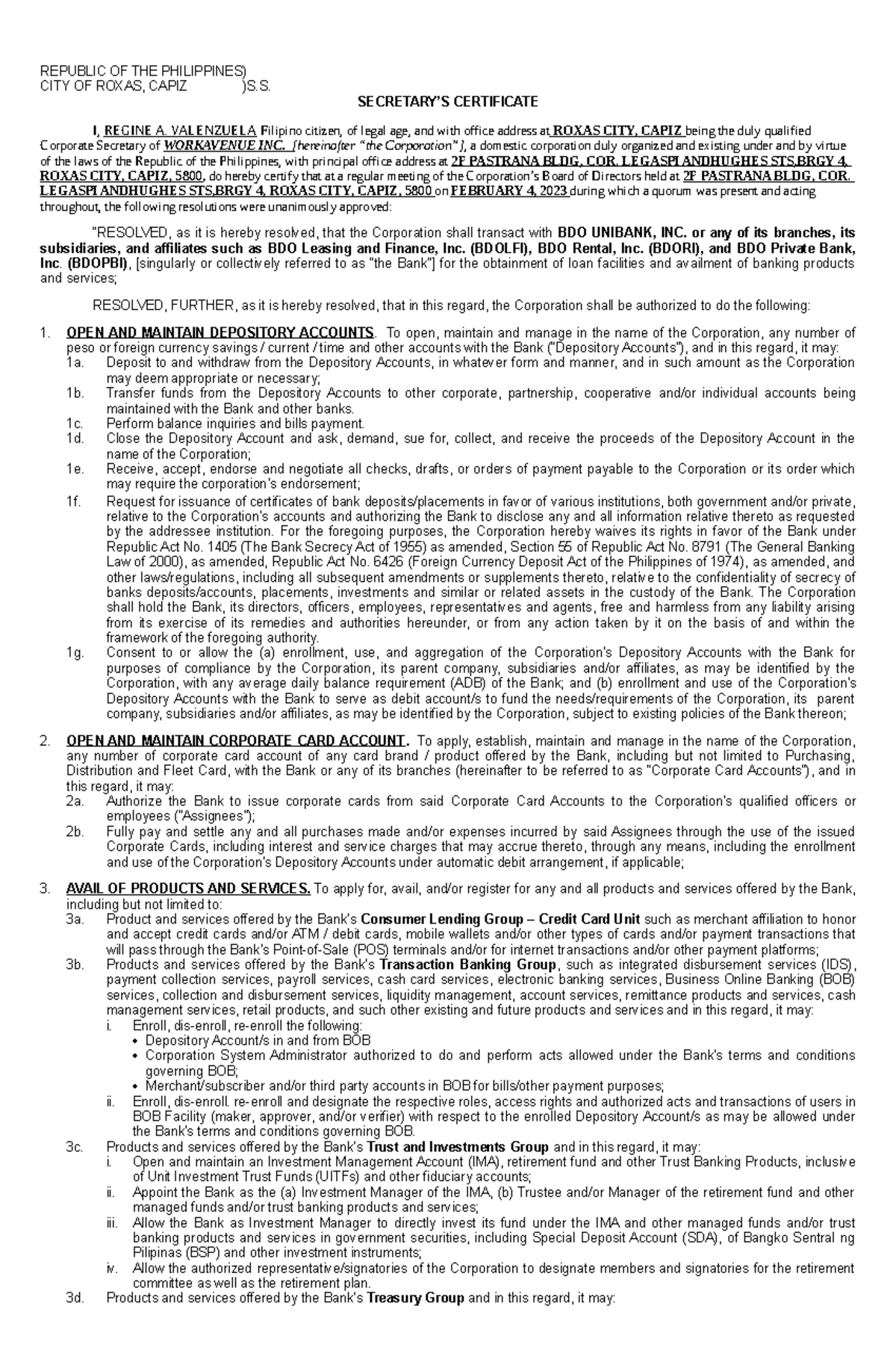 Secretary Certificate - BDO - REPUBLIC OF THE PHILIPPINES) CITY OF ...