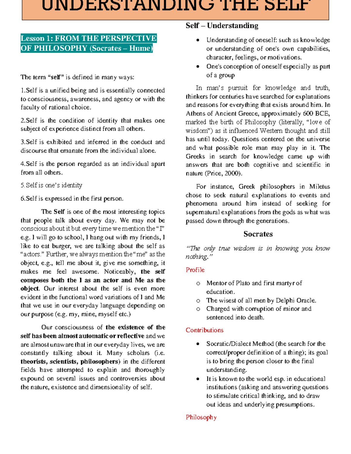 UNDERSTANDING THE SELF L1 3 complete - Understanding the Self - DLSU ...