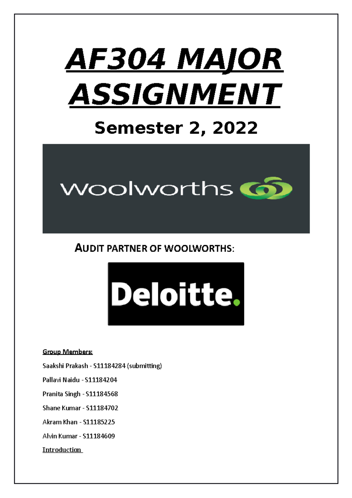 AF304 Assign s11184284 Final - AF304 MAJOR ASSIGNMENT Semester 2, 2022 ...