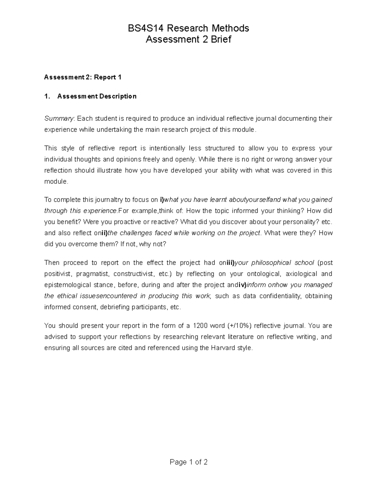 BS4S14 Assessment 2 Brief - BS4S14 Research Methods Assessment 2 Brief ...