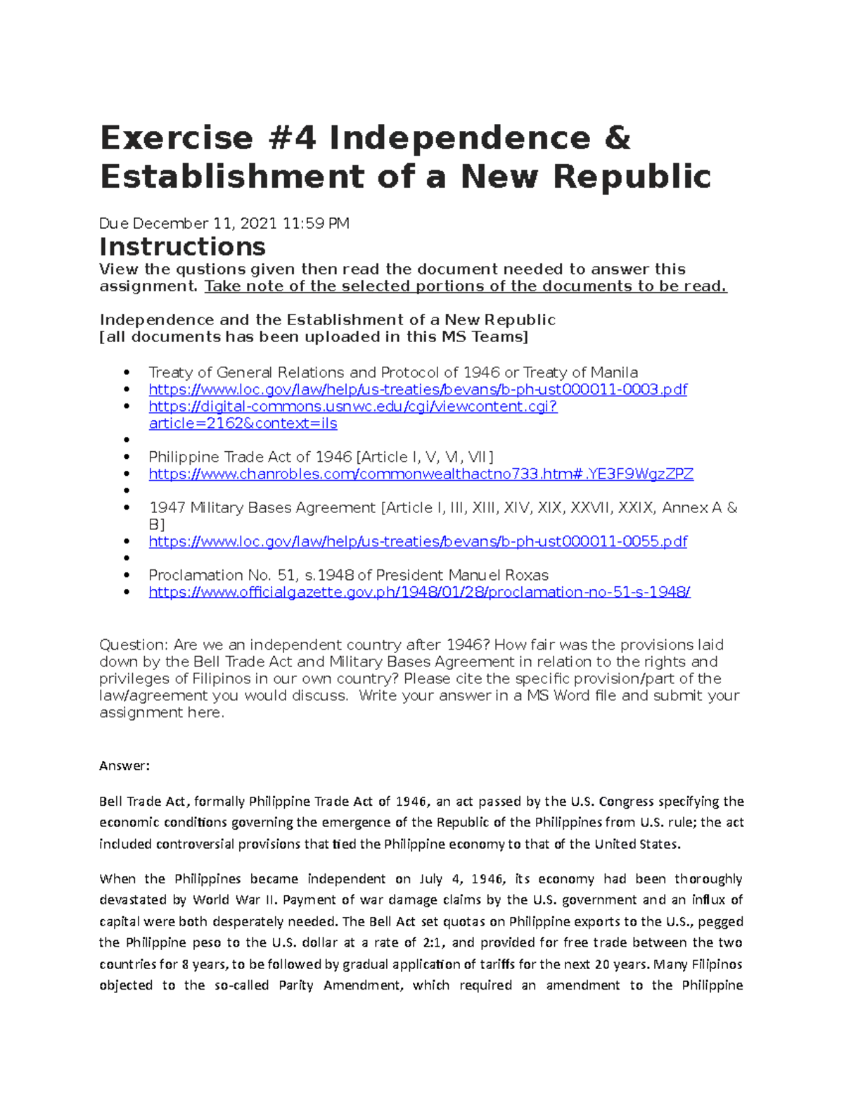 Exercise 4 Independence stablisment of a new Republic - Exercise #4 ...