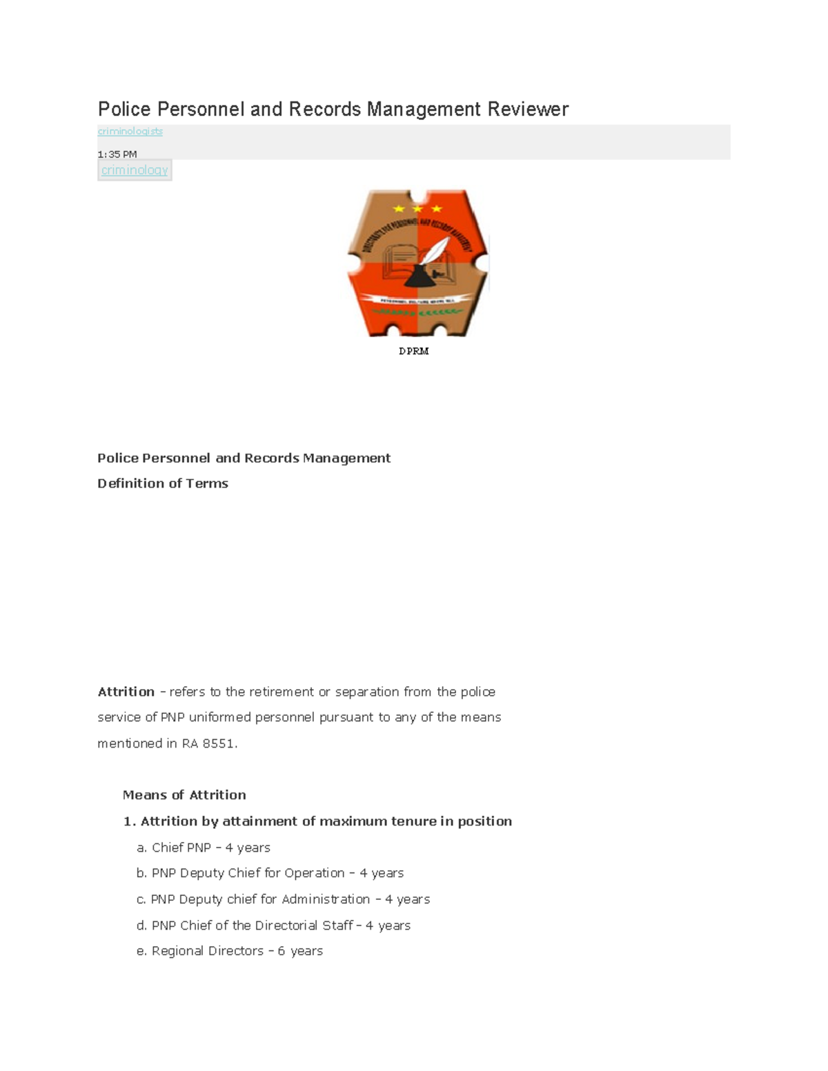 Police Personnel and Records Management Reviewer - Police Personnel and ...