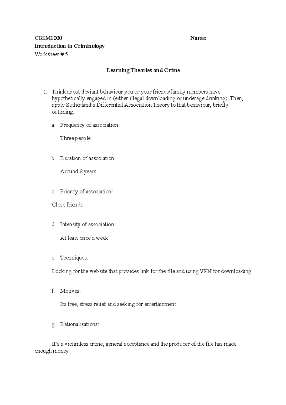 CRIM1000 Worksheet 5 - CRIM1000 Name: Introduction to Criminology ...