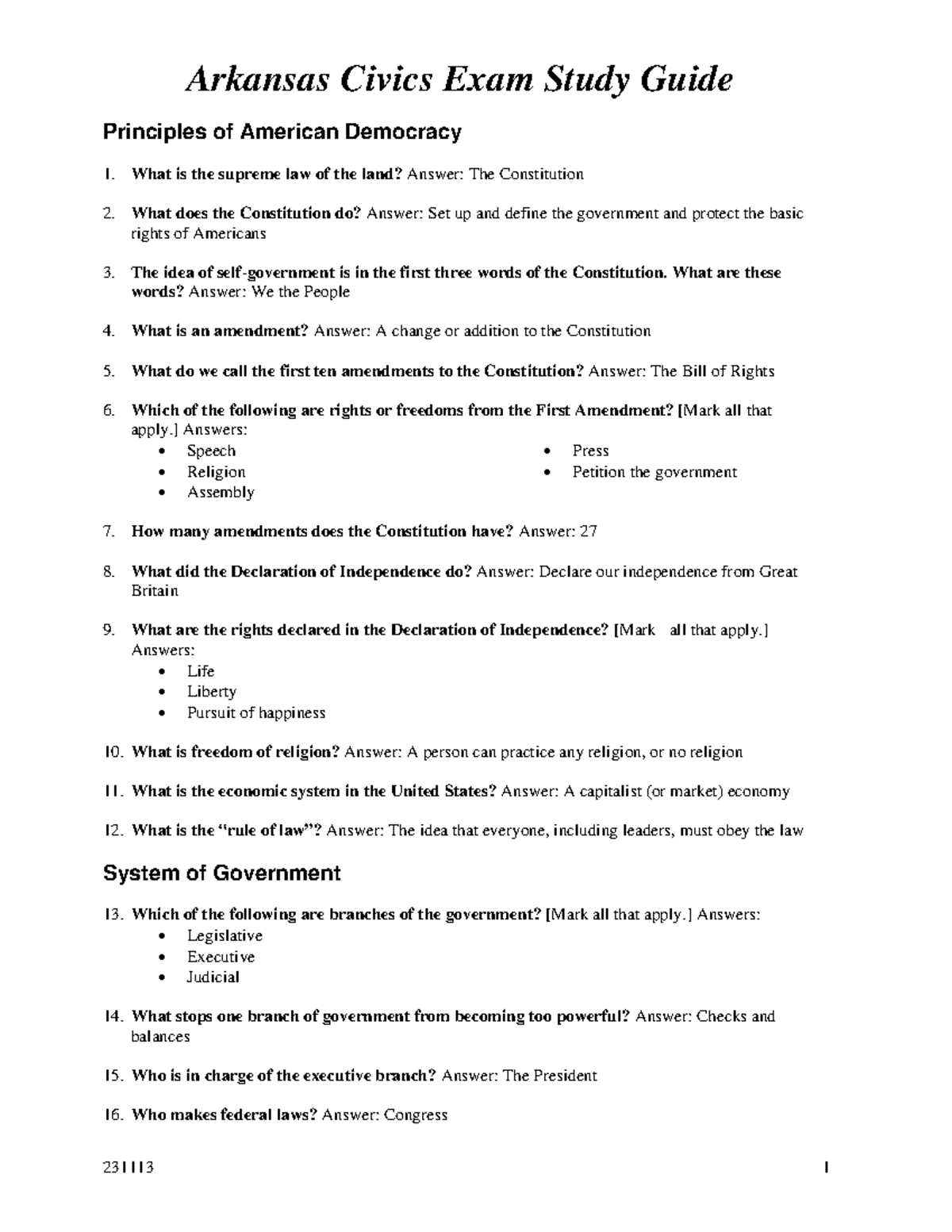 Updated Civics Exam Study Guide - Principles of American Democracy What ...