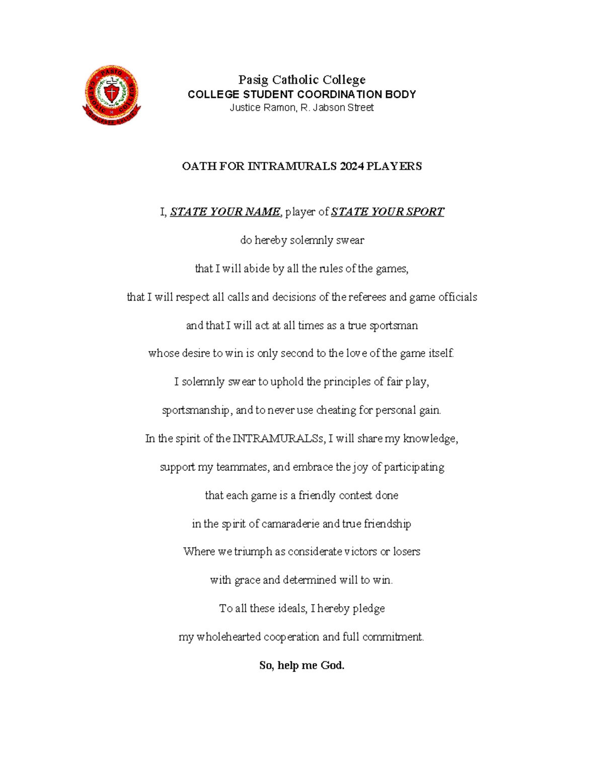 Oath-of-Players - Pasig Catholic College COLLEGE STUDENT COORDINATION ...