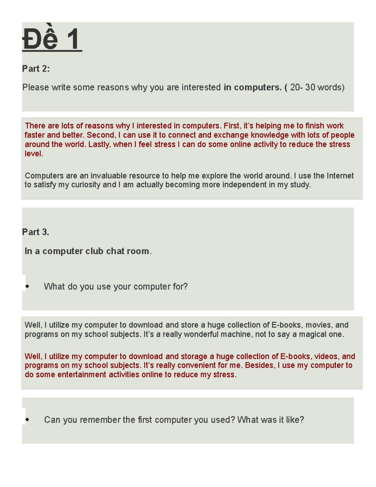 Aptis Writing 1 - Đề 1 Part 2: Please write some reasons why you are ...