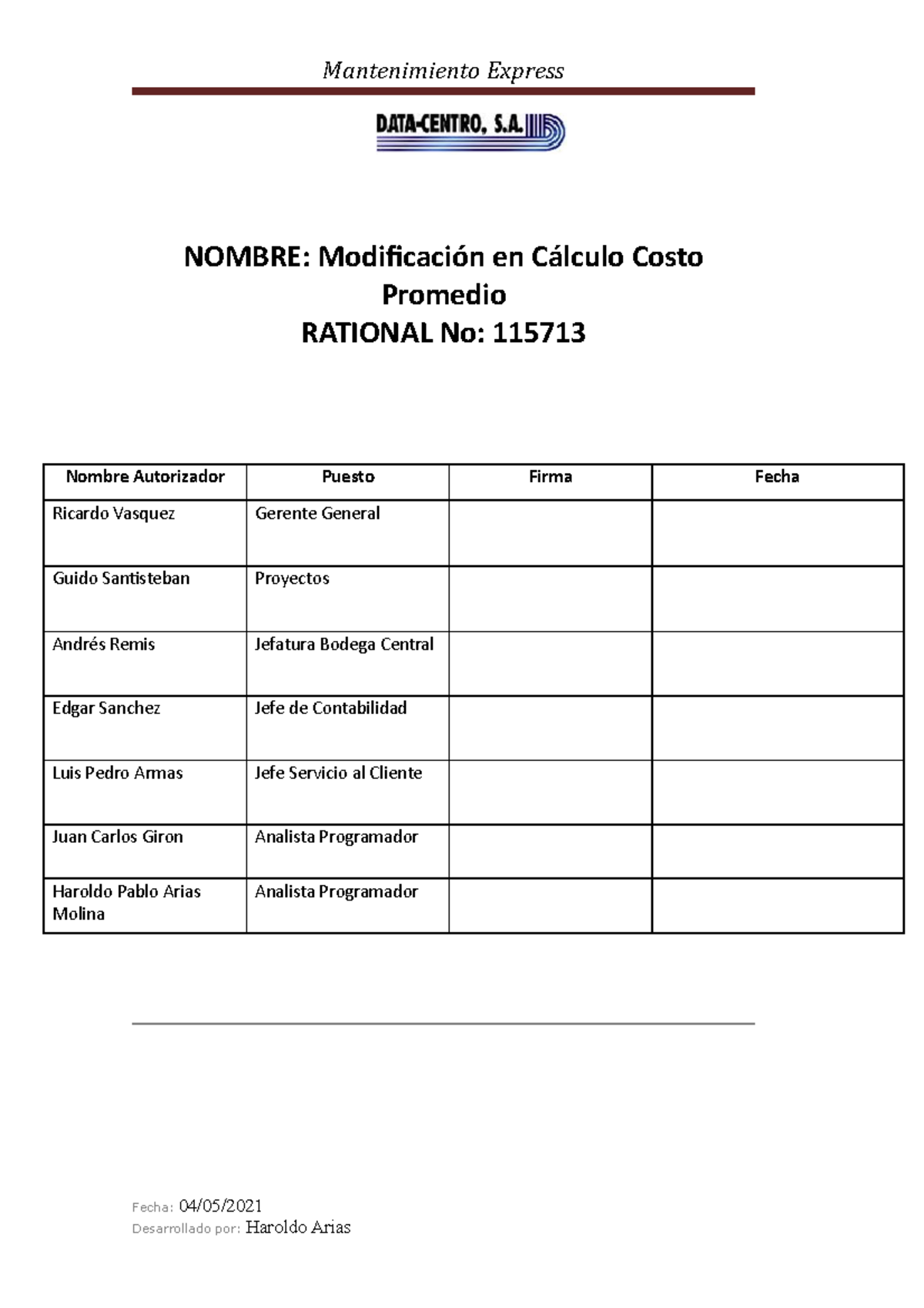 Ejemplo De Dercas Técnico Nombre Modificación En Cálculo Costo